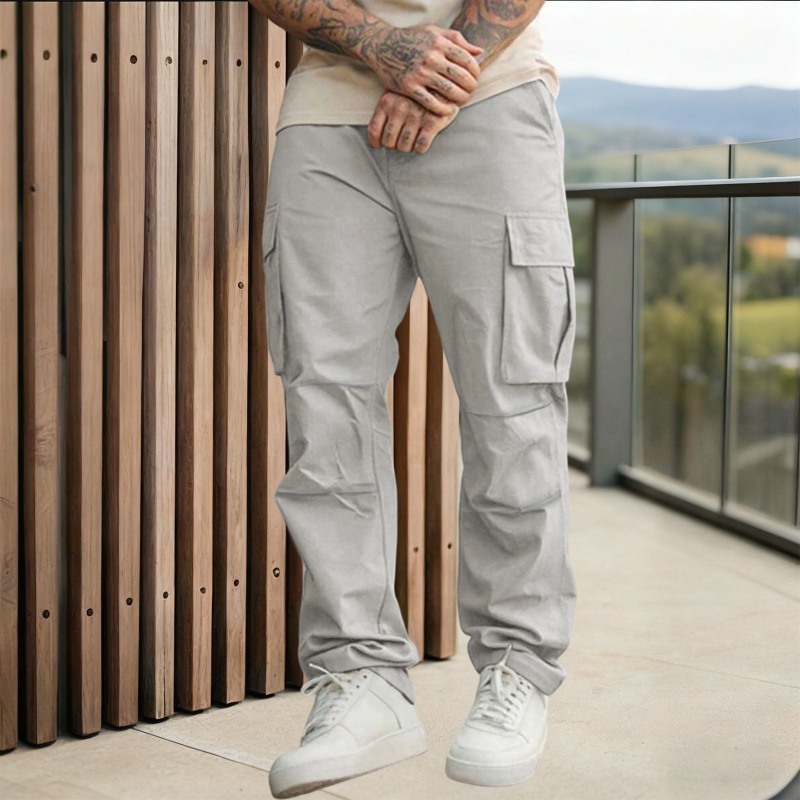 Dolkfu Work Men Pants Cargo Twill Gray Sweatpants Outdoor Relaxed Fit ...