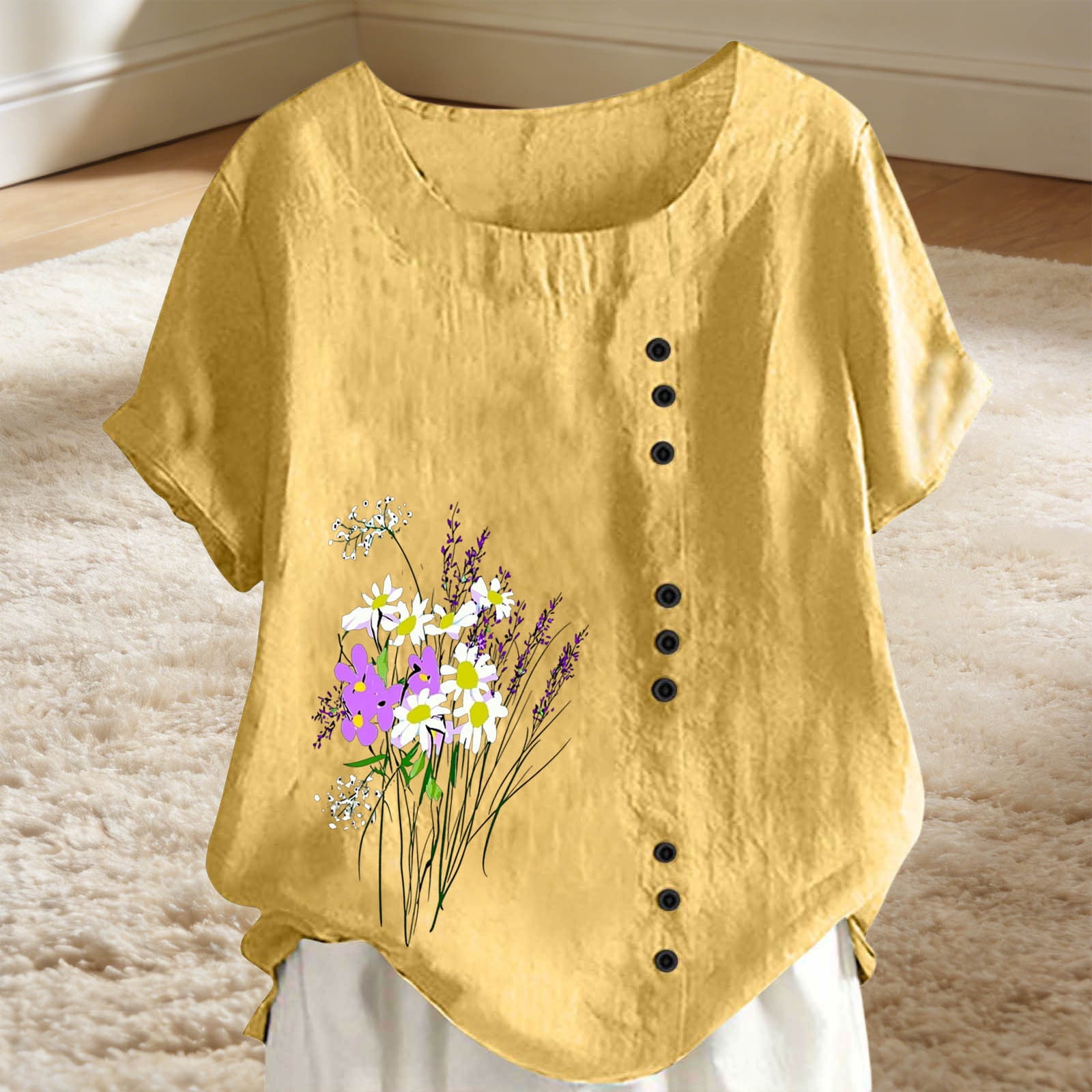 Dolkfu Yellow Oversized Tshirts for Women Retro Vintage Crew Neck Short ...