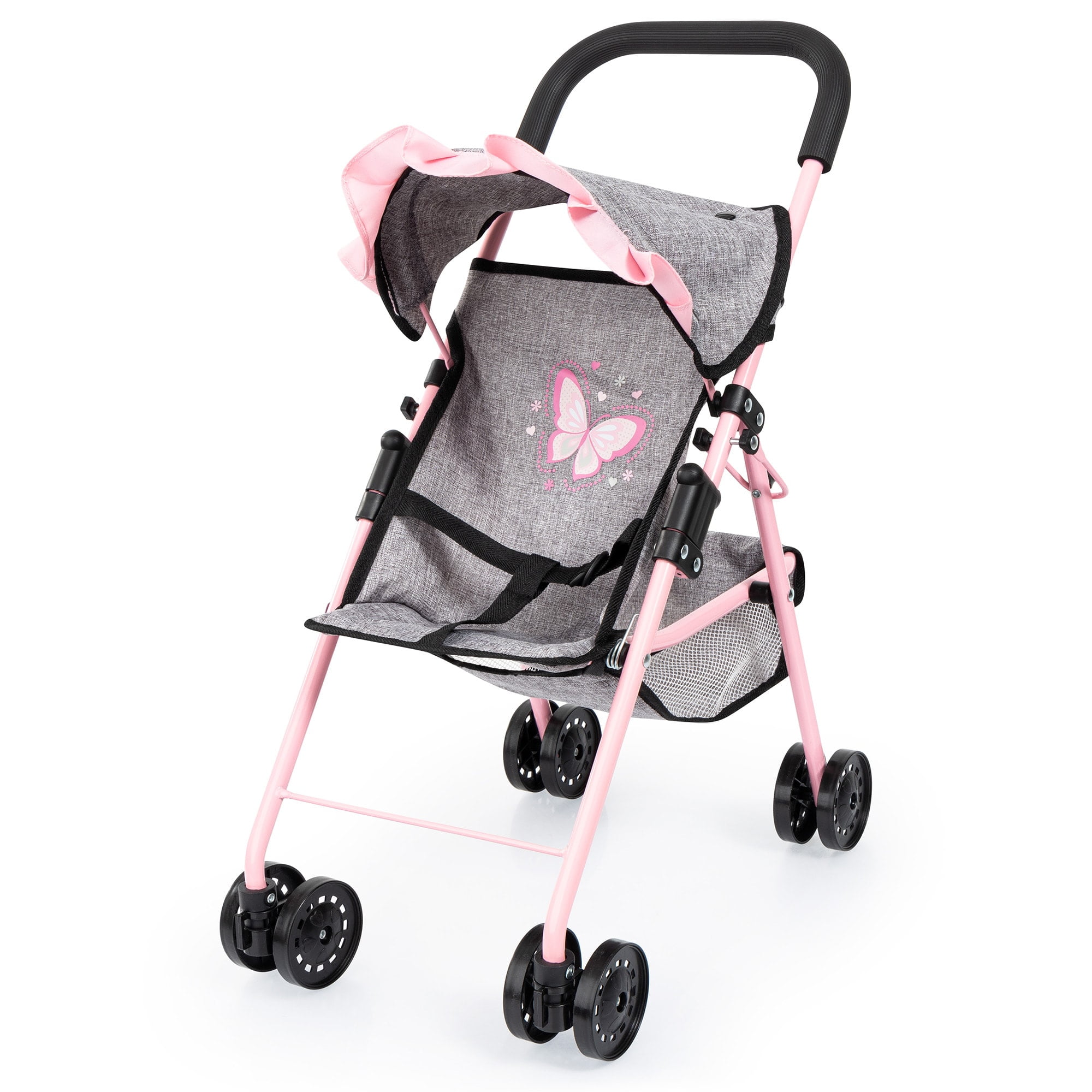 Doll Buggy Stroller W/ Sun Canopy, Grey, Pink, Butterfly - Walmart.com