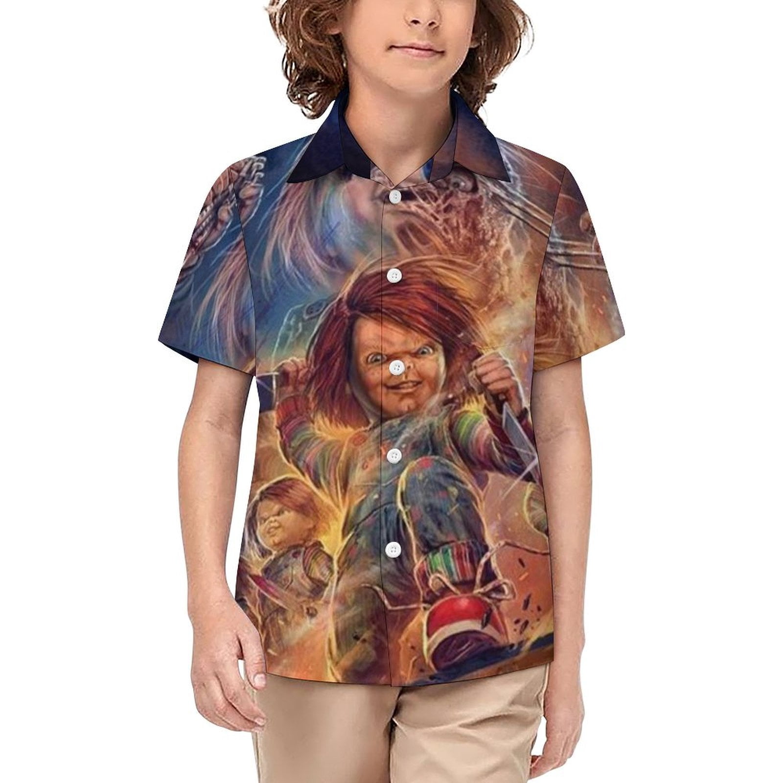 Doll Chucky Horror Kid's Short Sleeved Shirt Summer Daily Casual Button ...