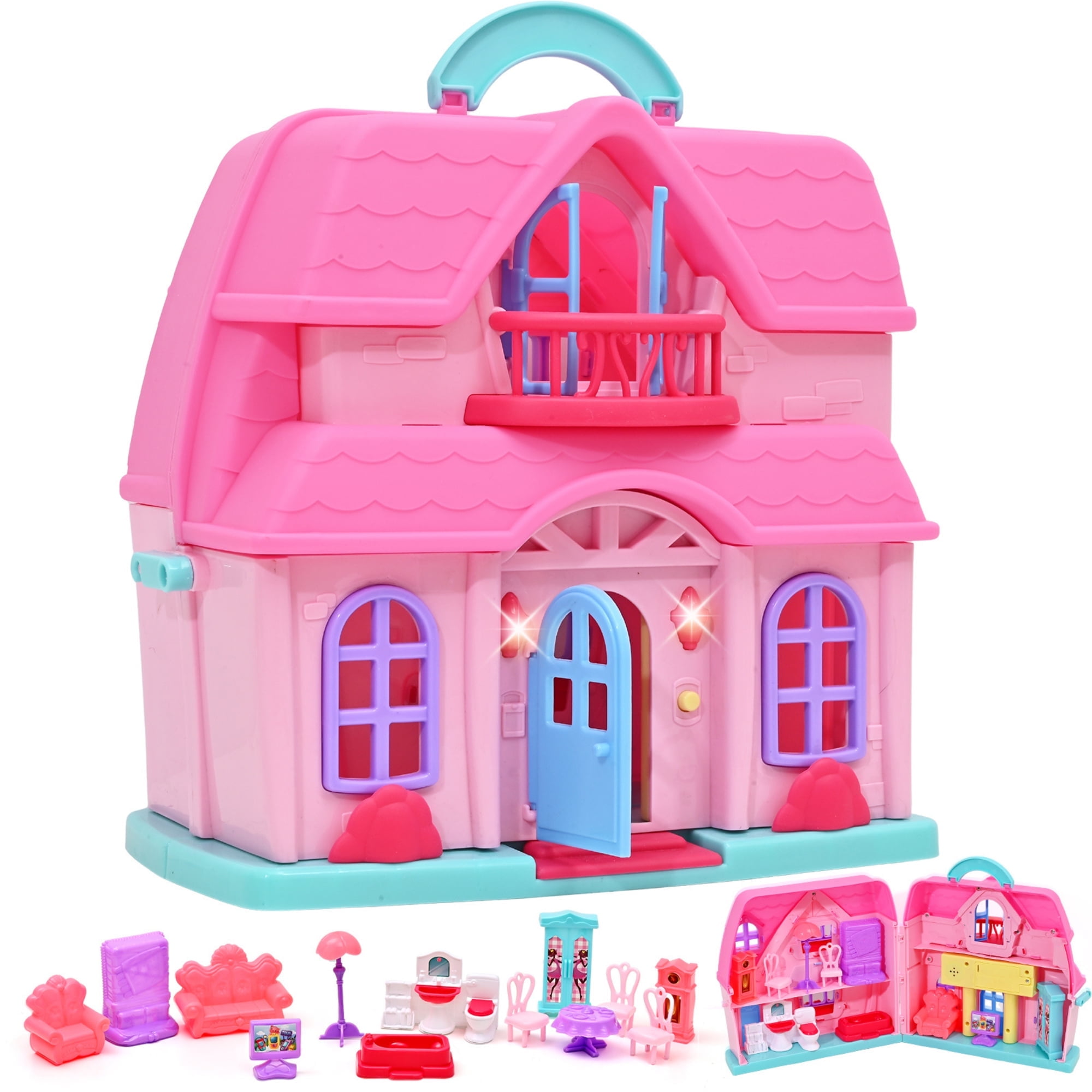 TOPFOX Mini Doll House 2 in 1 Portable Play House Set with Lights ...