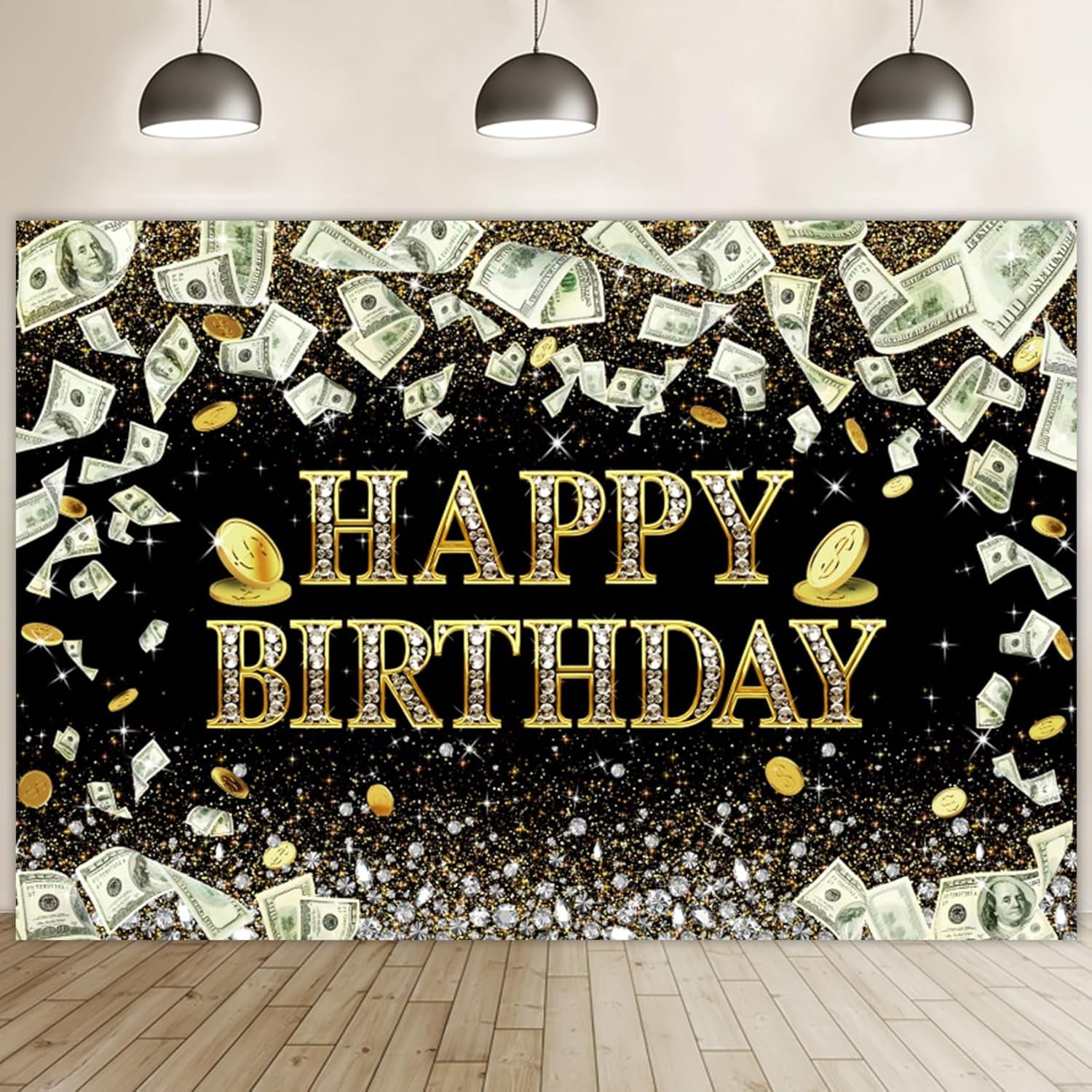 Dollar Bill Birthday Backdrop Dollar Coins Diamonds Glittering Black ...