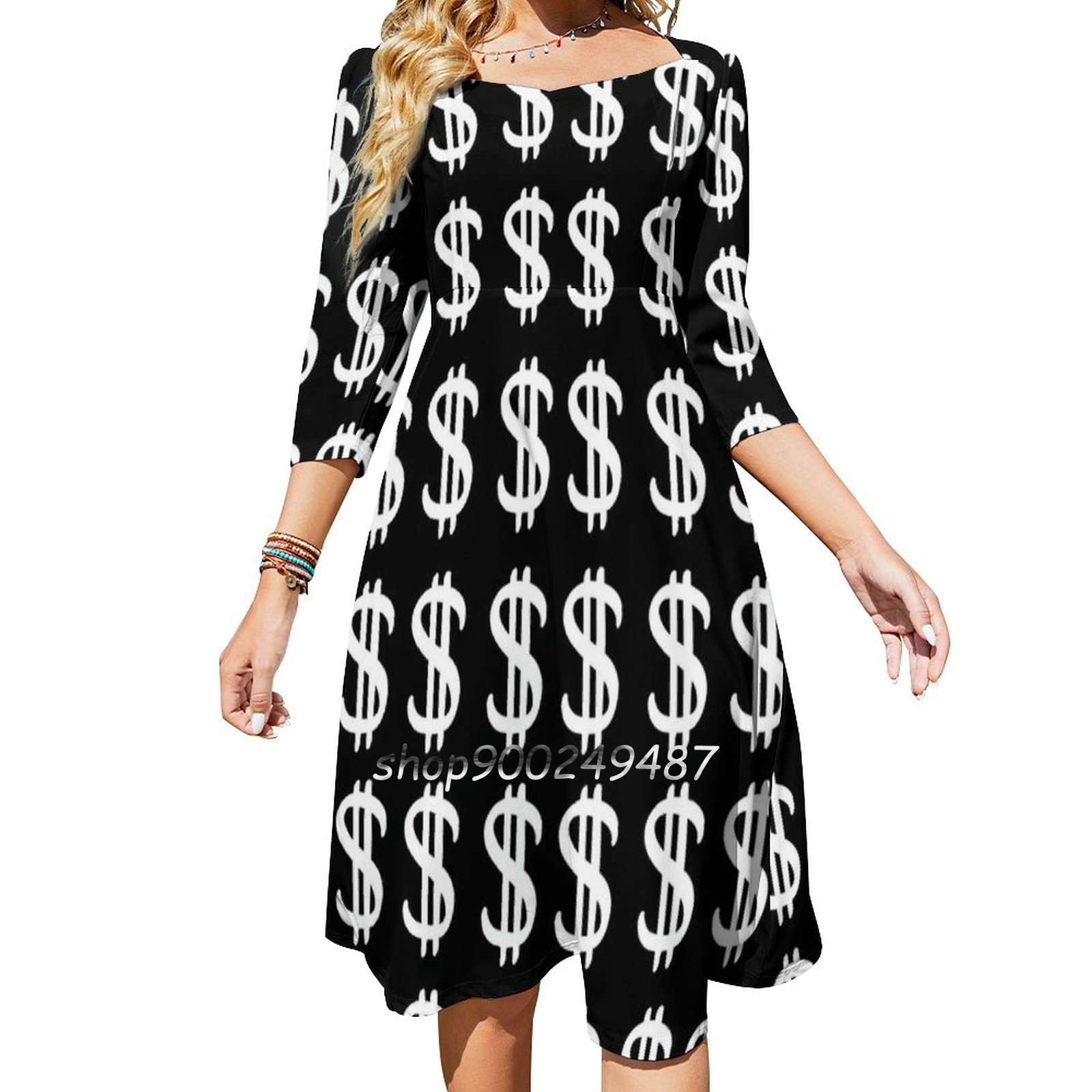 Dollar Sign Design-Dollar Symbol Black And White Square Neck Dress ...