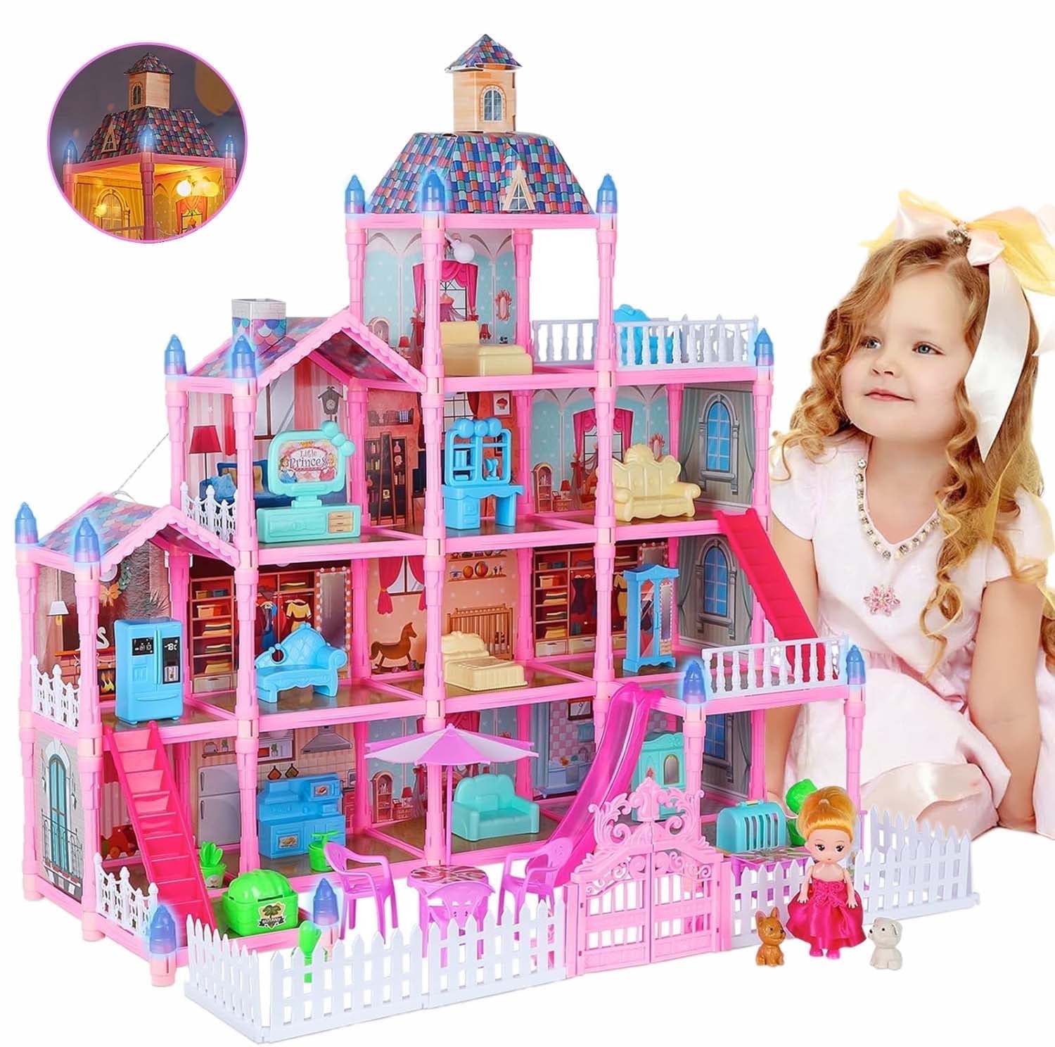Dollhouse for Girl Kids, 285PCS 13 Rooms Doll House with light Strip ...
