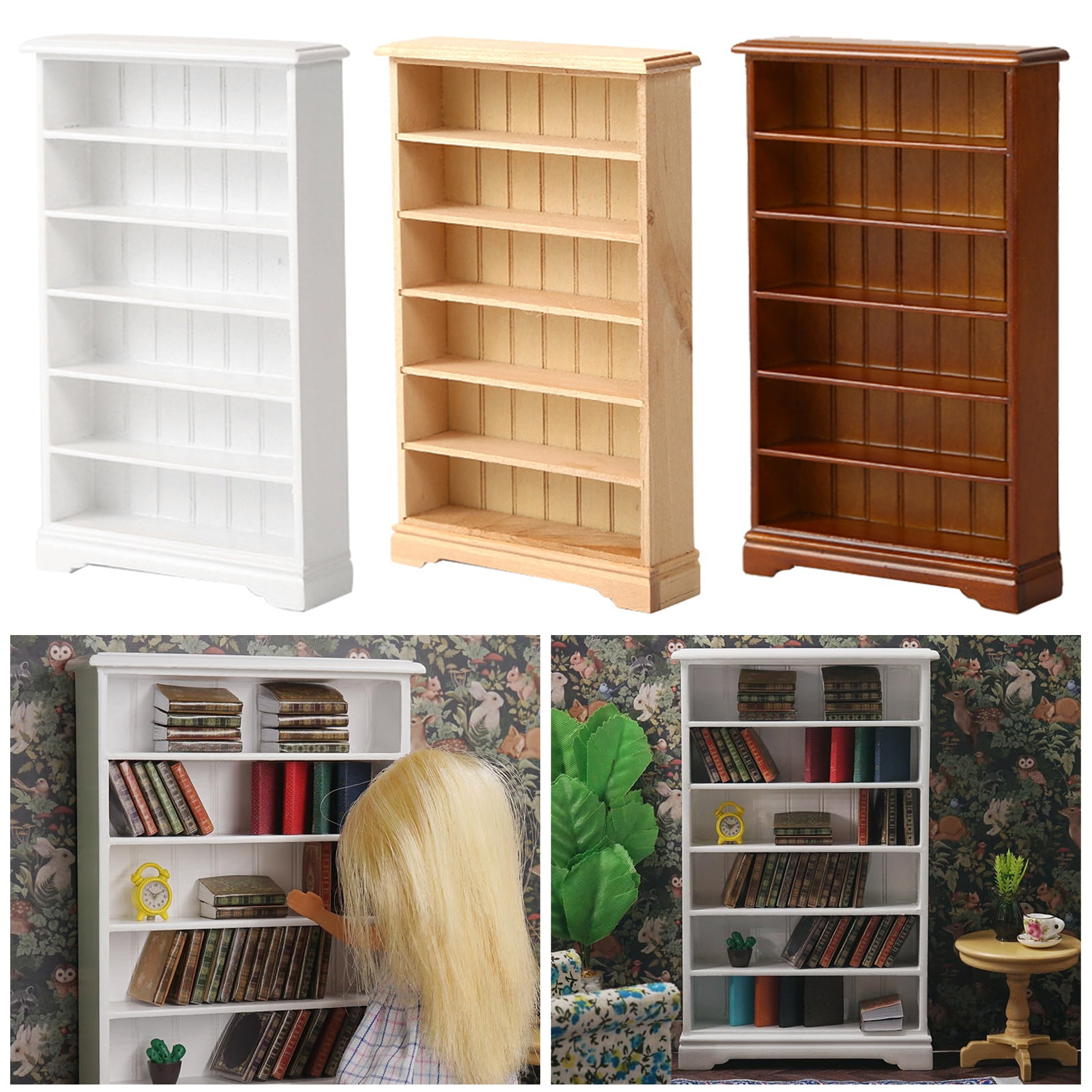 Dollhouse Mini Bookcase Shelf - 1/12 Scale White Modern Living Room ...