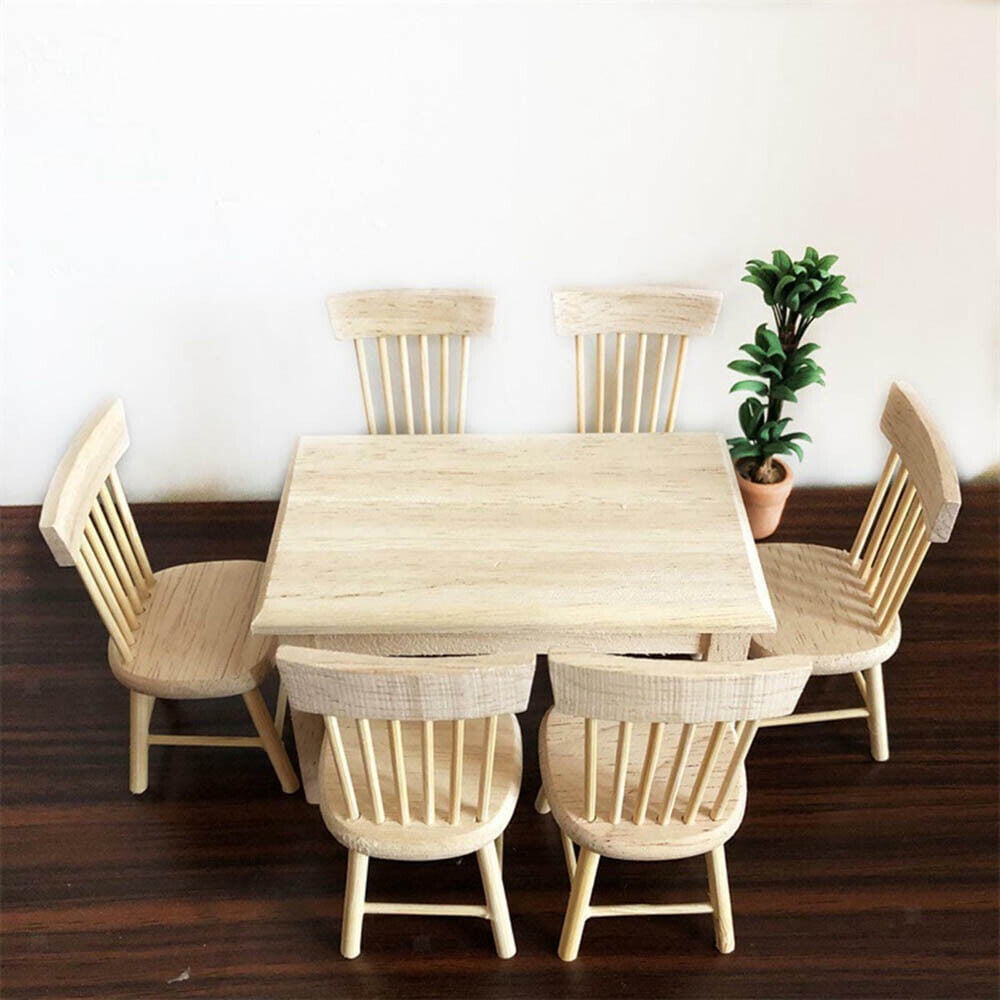 Dollhouse Miniature Dining Room Furniture Wooden Table and Chairs Set 1 ...
