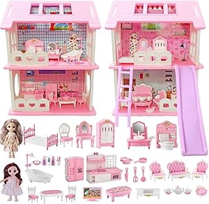 Dollhouse Playset Dream Doll House w/ 4 Room&2 Princess&Dollhouse ...