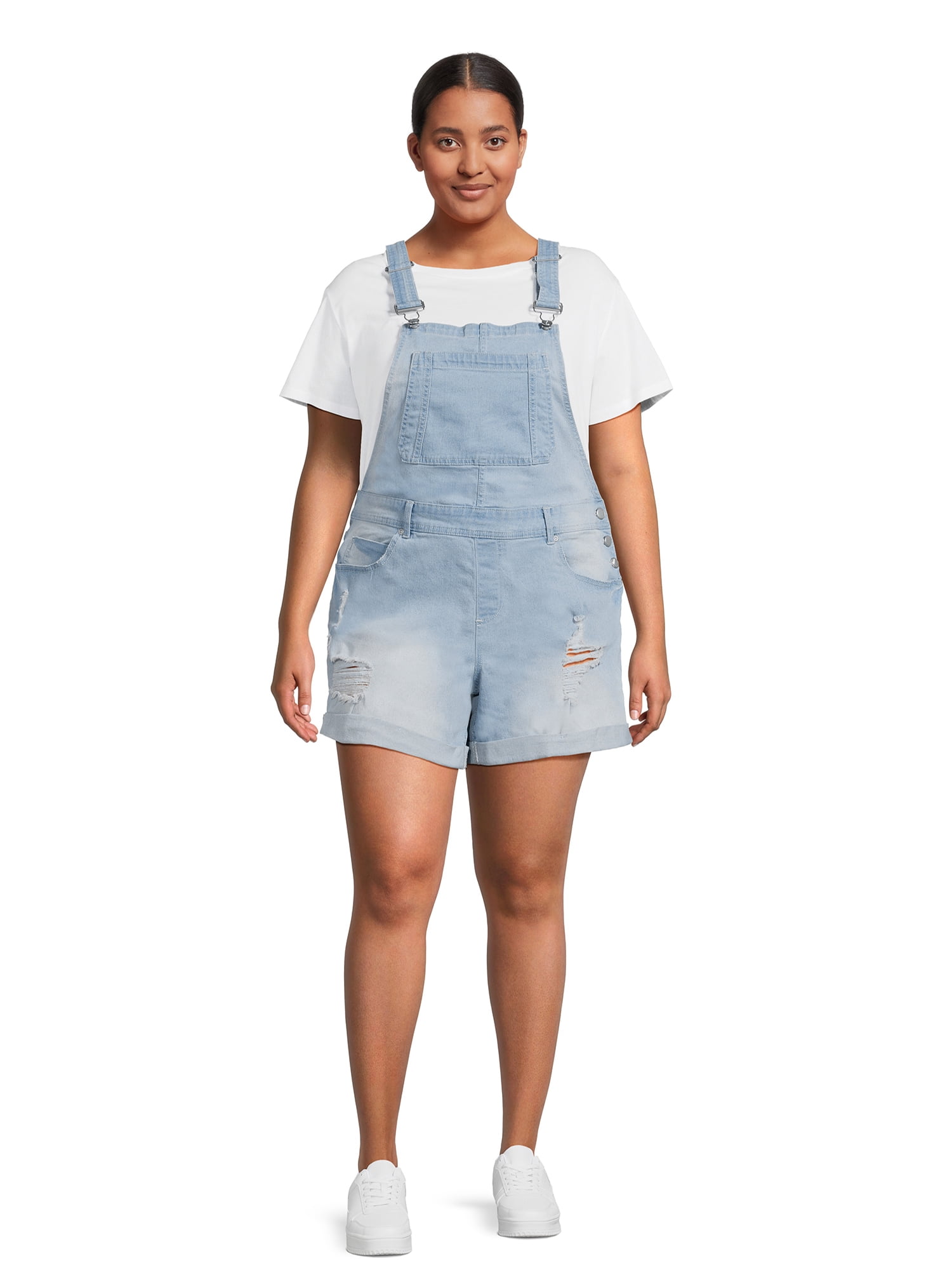 Dollhouse Women's Plus Size Cuffed Denim Shortalls - Walmart.com