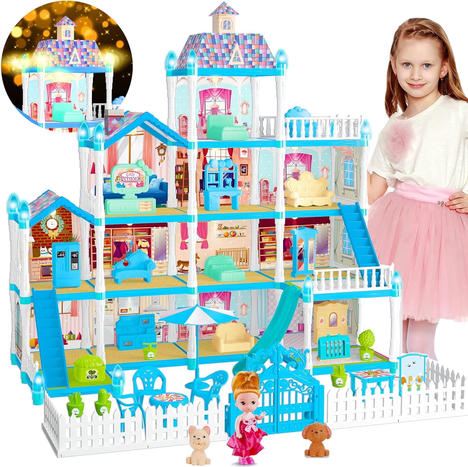 Dollhouse for Girls with Light - 12 Rooms Big Doll House, DIY House ...
