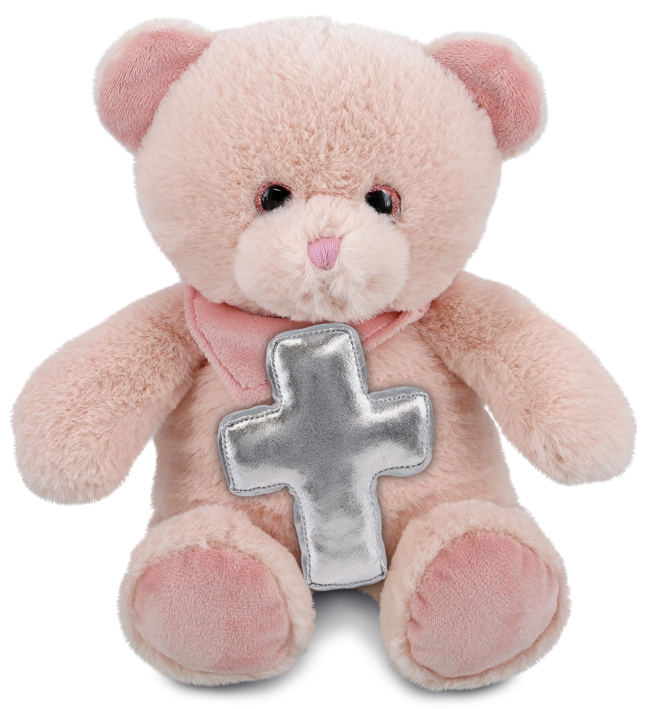DolliBu Baby Pink Bear Stuffed Animal with Silver Cross Plush ...