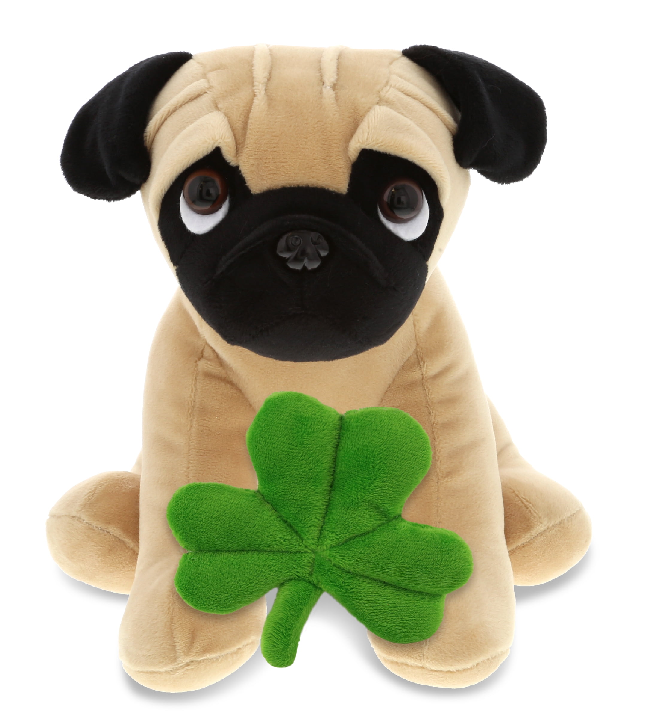 DolliBu Big-Eyed Pug Dog Stuffed Animal with Green Plush Shamrock, Cute ...