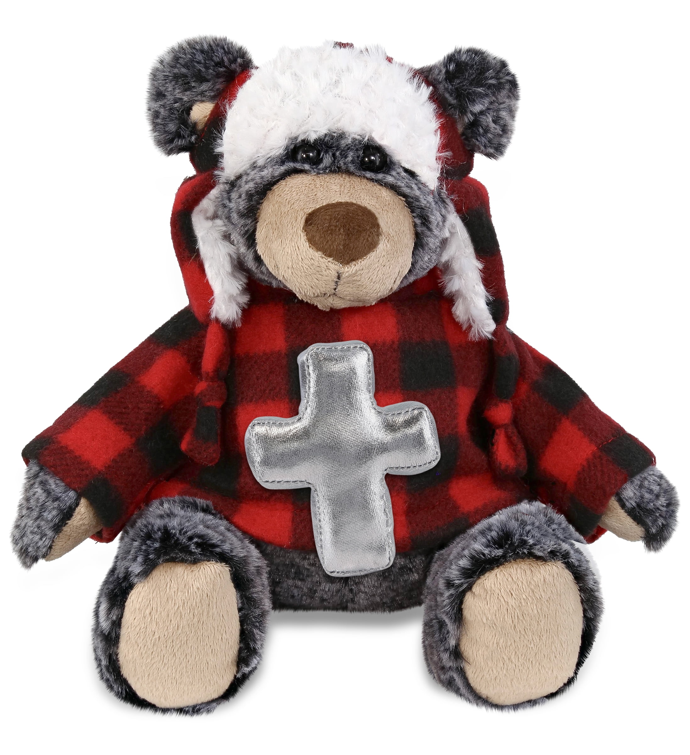 DolliBu Black Bear with Red Plaid Outfit Stuffed Animal with Silver ...