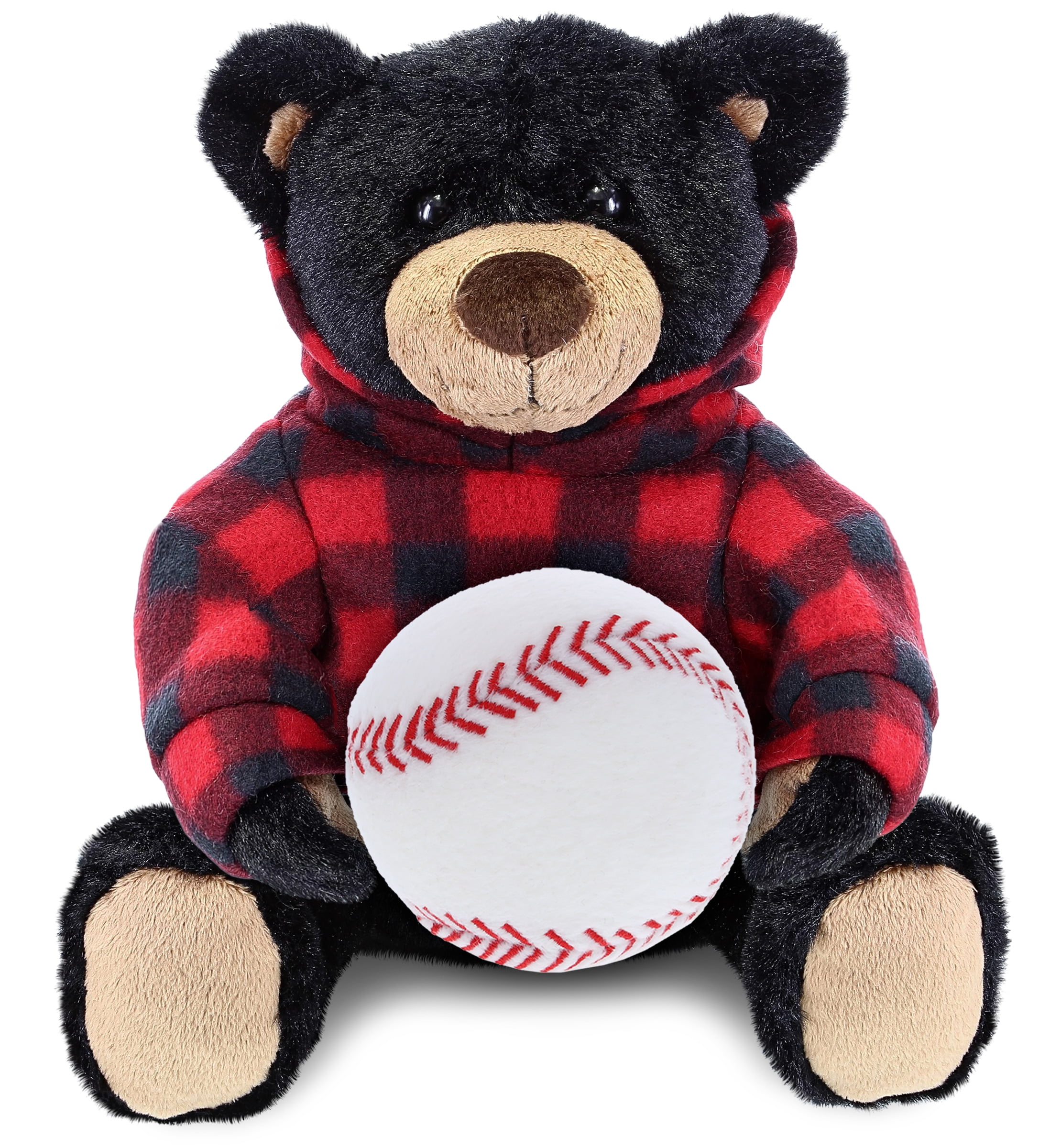 DolliBu Black Bear With Baseball Plush with Red Plaid Hoodie – Soft ...