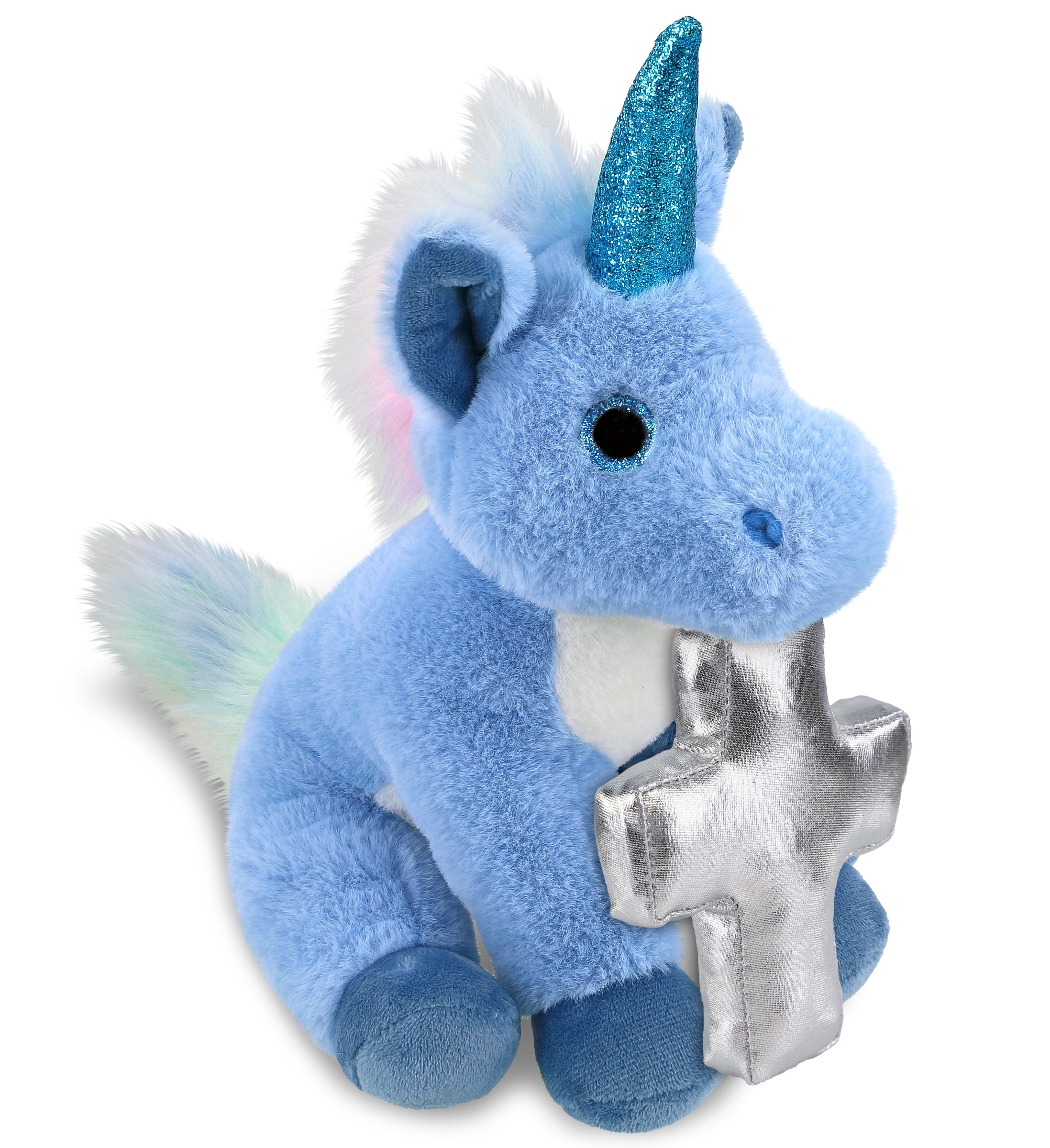 DolliBu Blue Unicorn Stuffed Animal with Silver Cross Plush - Religious ...