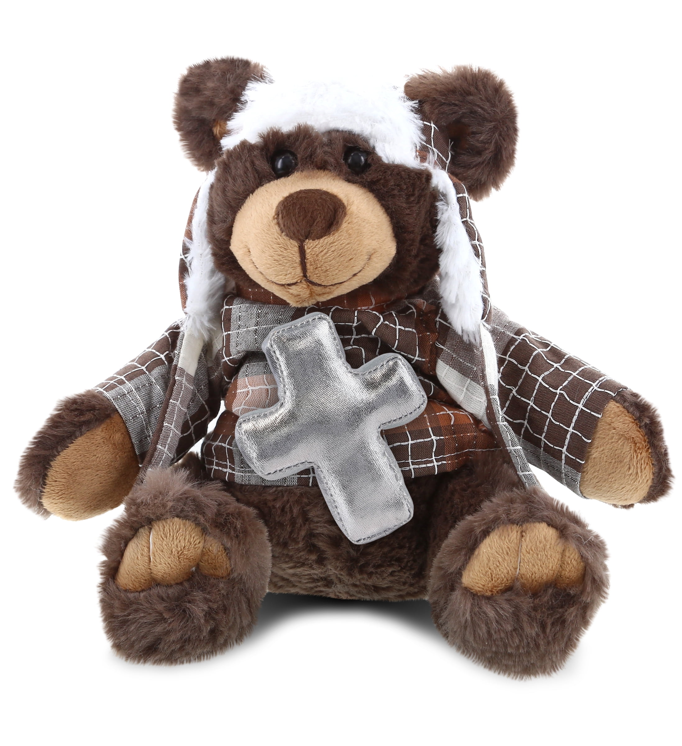DolliBu Brown Bear with Clothes Stuffed Animal with Silver Cross Plush ...