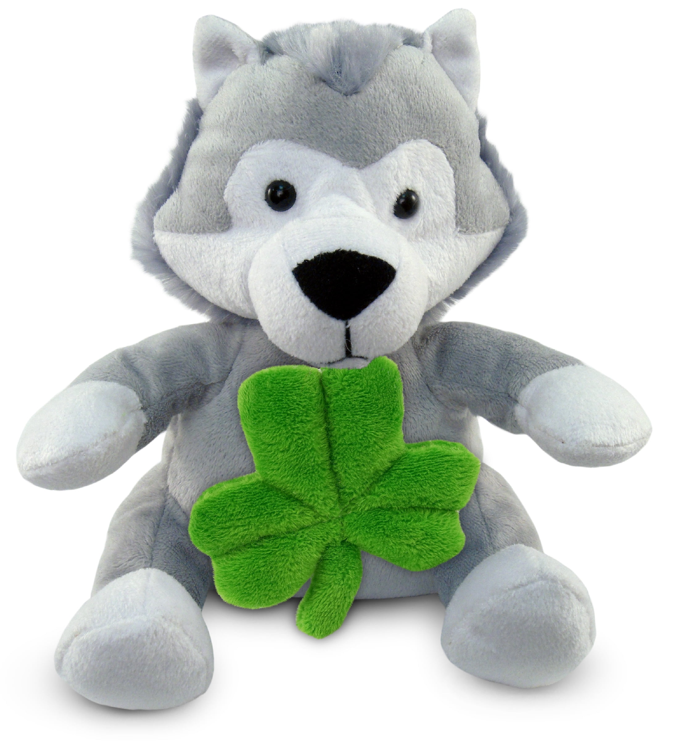 DolliBu Gray Wolf Stuffed Animal with Green Plush Shamrock - Cute Green ...