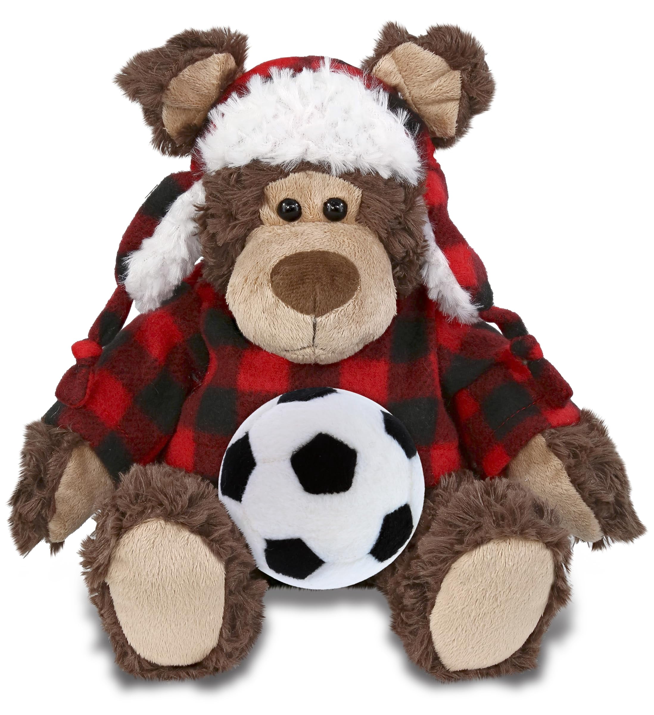 DolliBu Grizzly Bear with Red Plaid Outfit and Soccer Ball Plush - Soft ...