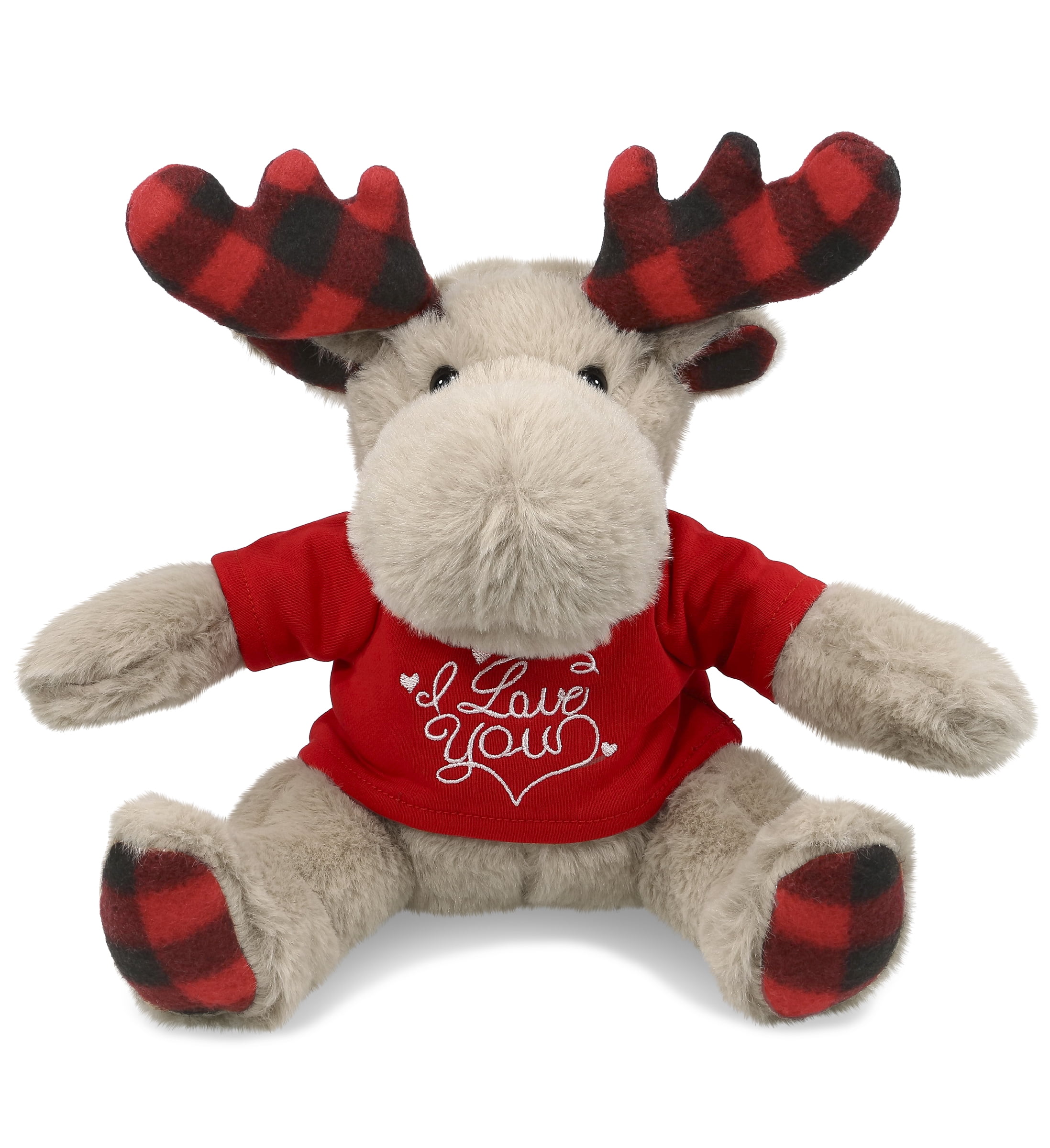 DolliBu I LOVE YOU Plaid Beige Moose Plush- Cute Moose Plush Stuffed ...