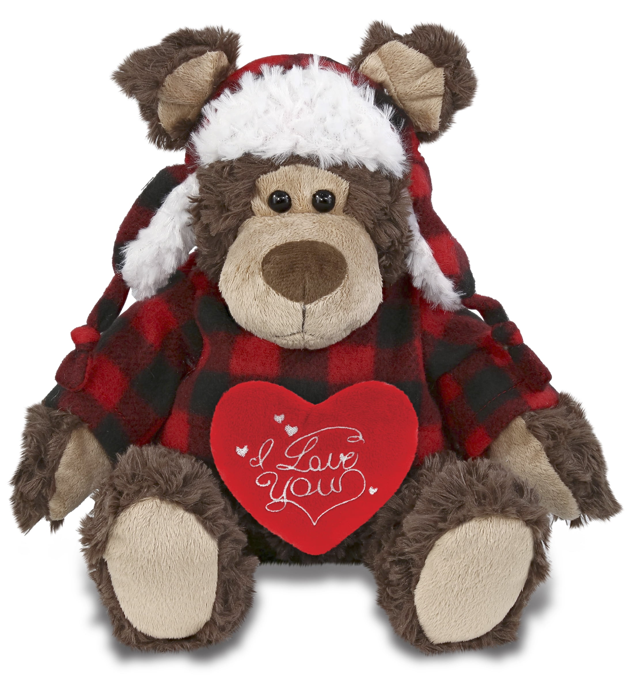 DolliBu I Love You Plush Super Soft Grizzly Bear wirth Red Plaid Outfit ...