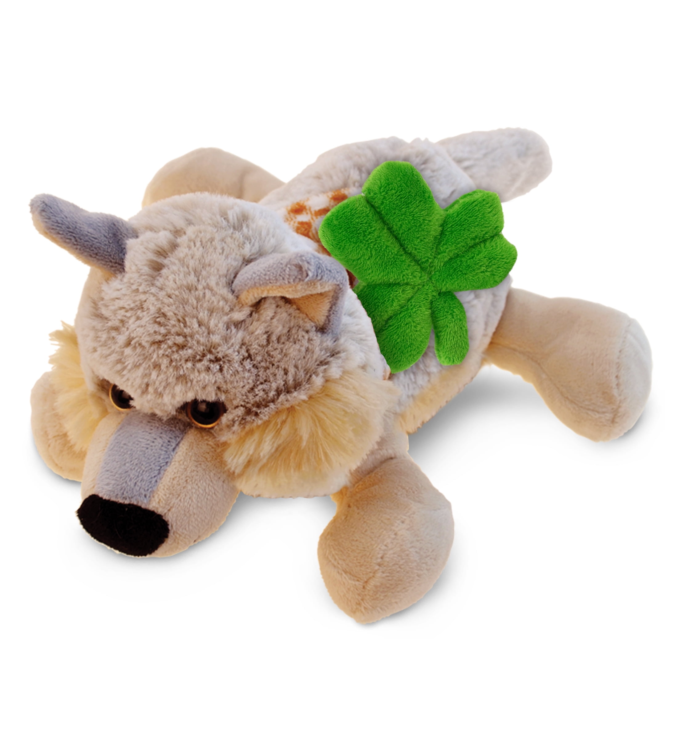 DolliBu Lying Gray Wolf Stuffed Animal with Green Plush Shamrock - Cute ...