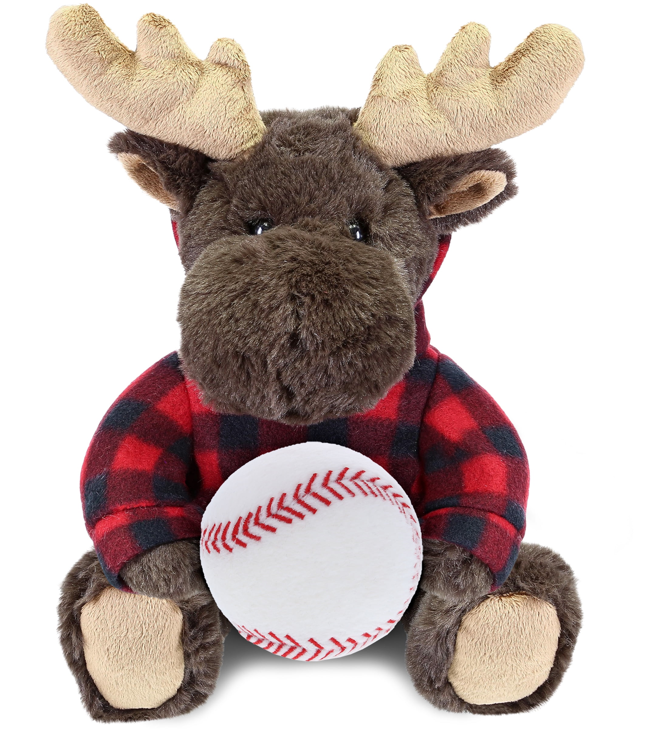 DolliBu Moose with Baseball Plush and Red Plaid Hoodie - Soft Huggable ...