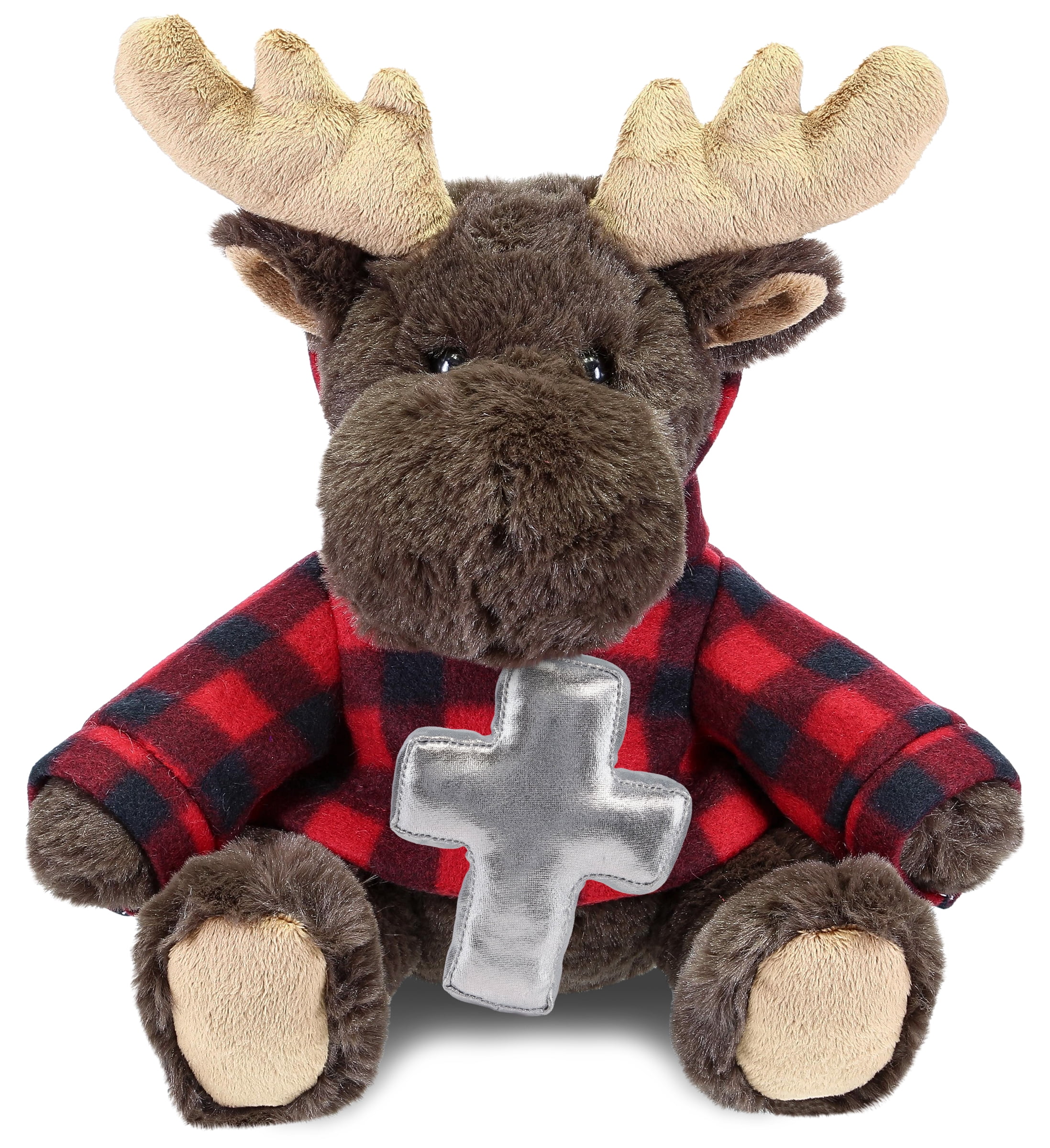 DolliBu Moose with Red Plaid Hoodie Stuffed Animal with Silver Cross ...
