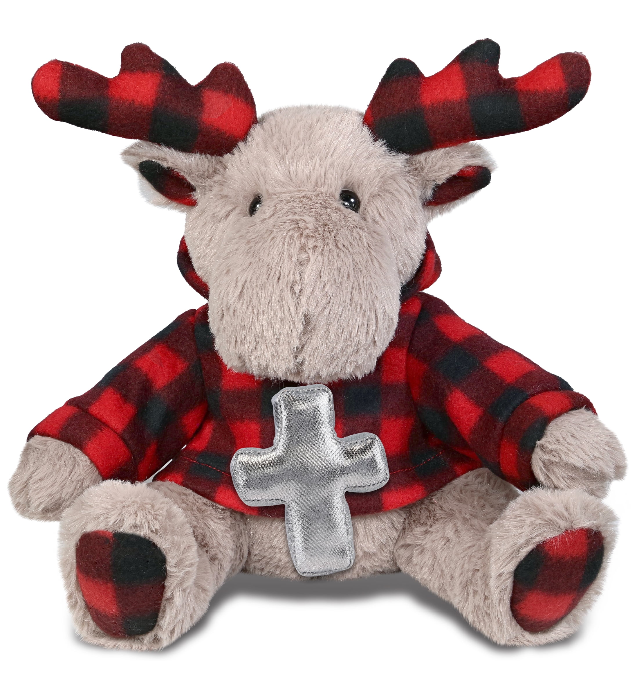 DolliBu Plaid Beige Moose with Hoodie Stuffed Animal with Silver Cross ...