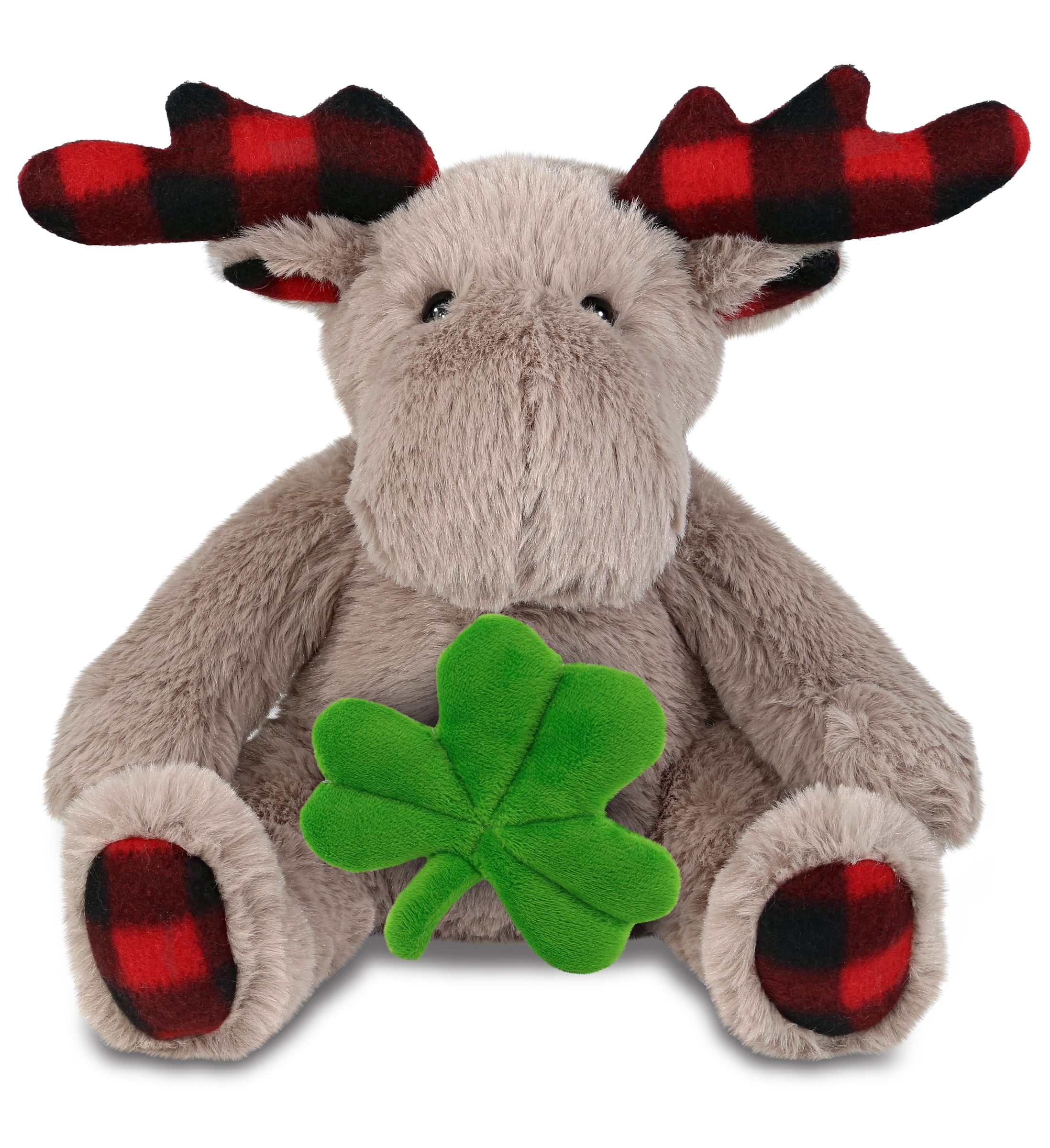 DolliBu Plaid Beige Moose Stuffed Animal with Green Plush Shamrock ...