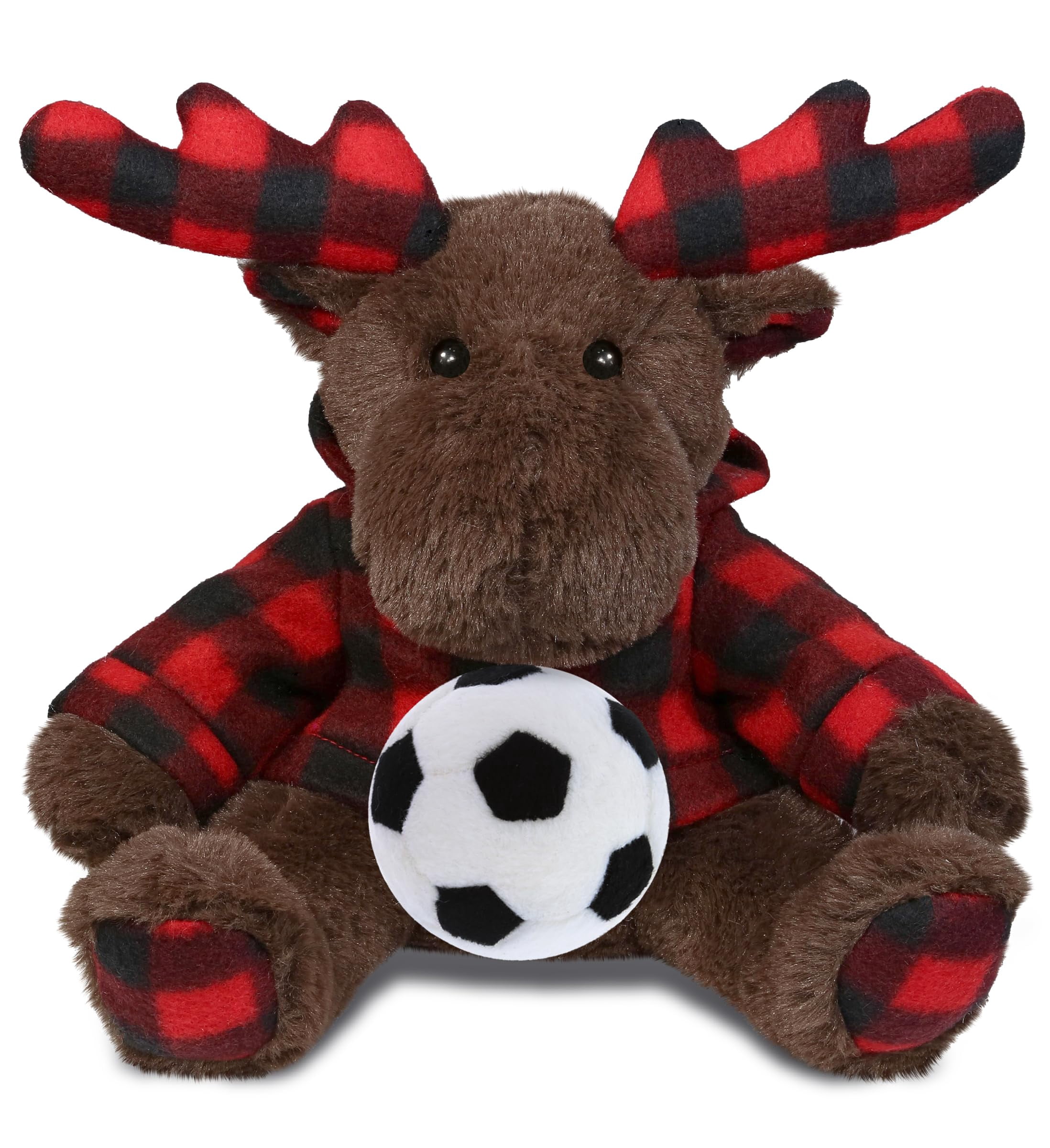 DolliBu Plaid Brown Moose with Hoodie Stuffed Animal with Soccer Ball ...