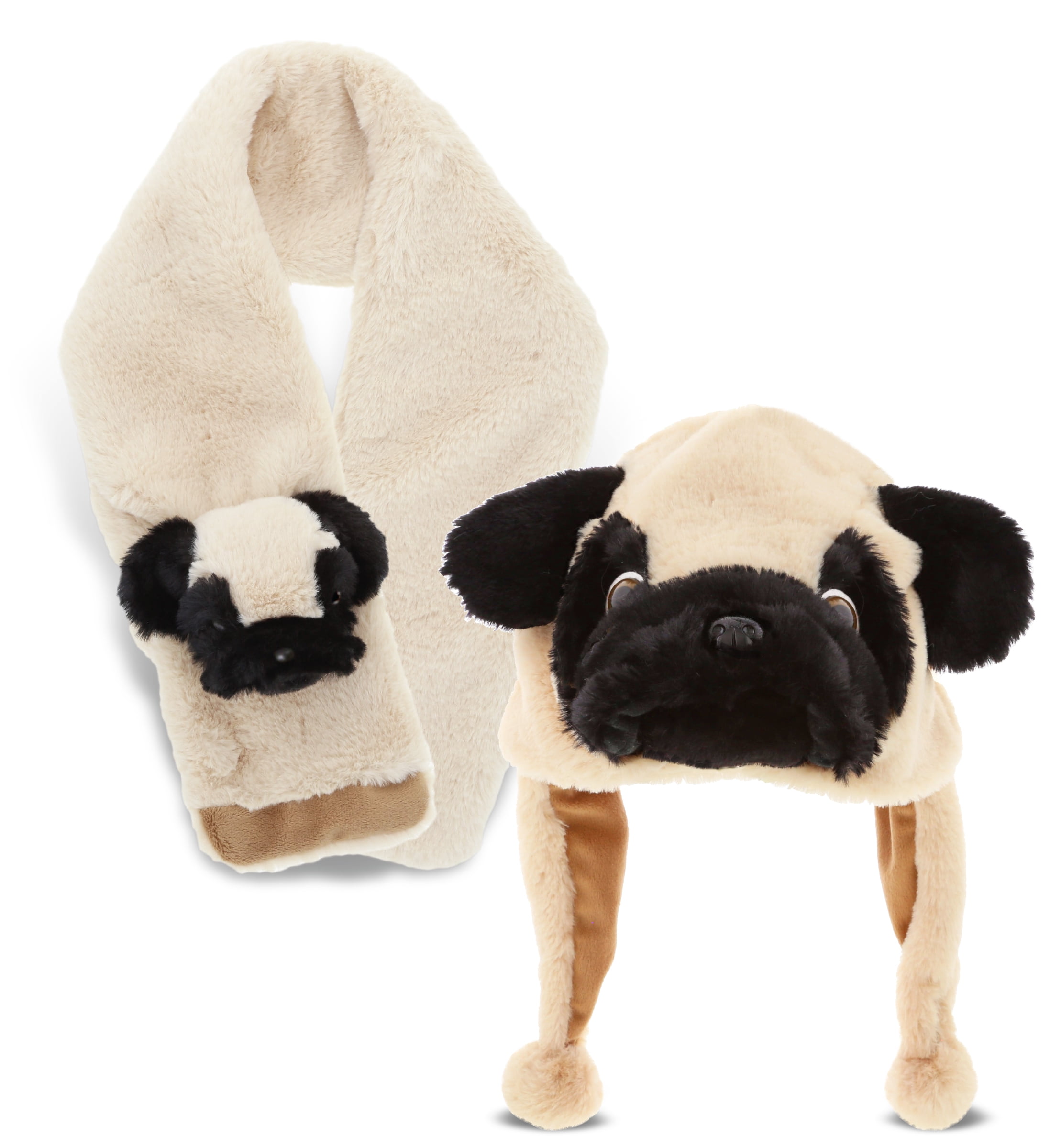 DolliBu Pug Dog Plush Hat and Scarf Set – Super Soft Pug Dog Stuffed ...