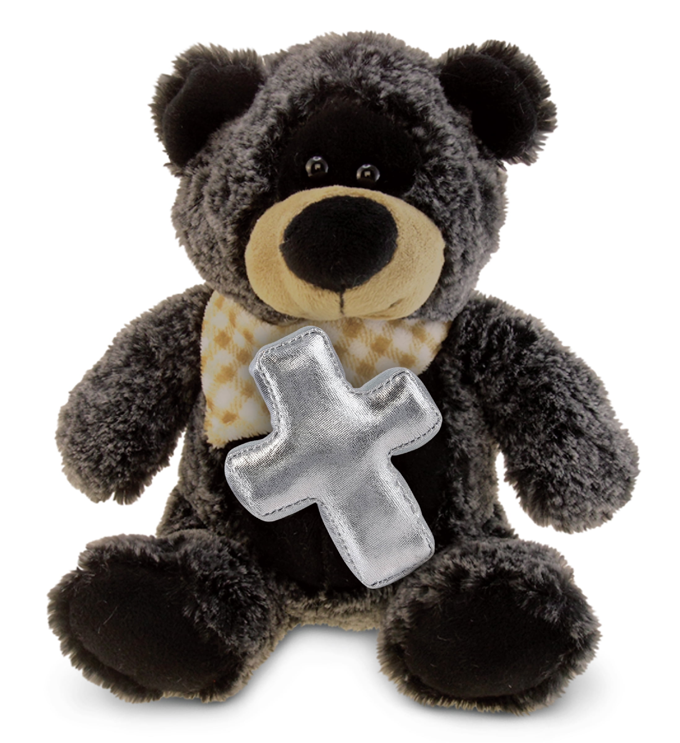 DolliBu Sitting Black Bear Stuffed Animal with Silver Cross Plush ...