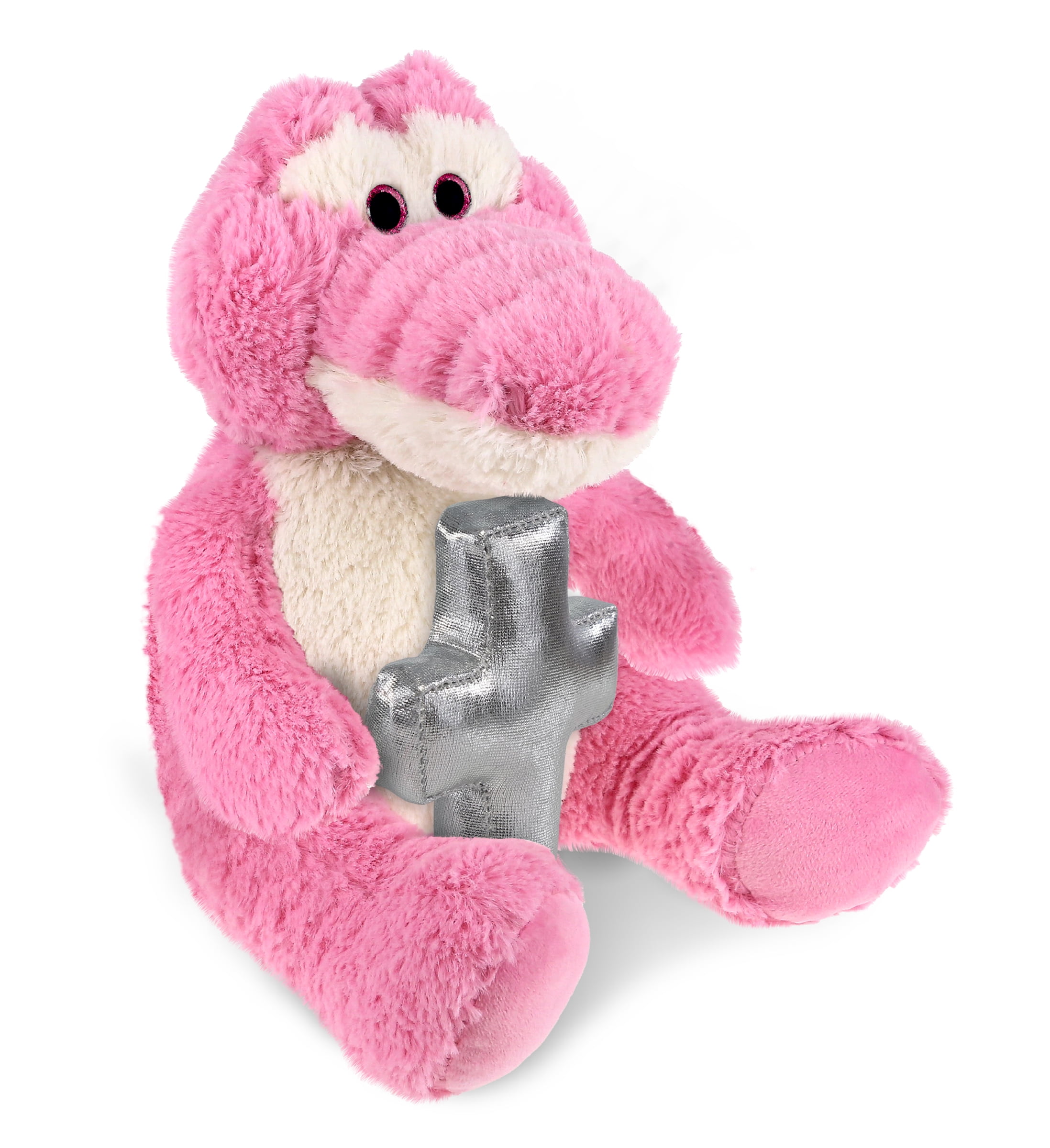 DolliBu Sitting Pink Alligator Stuffed Animal with Silver Cross Plush ...