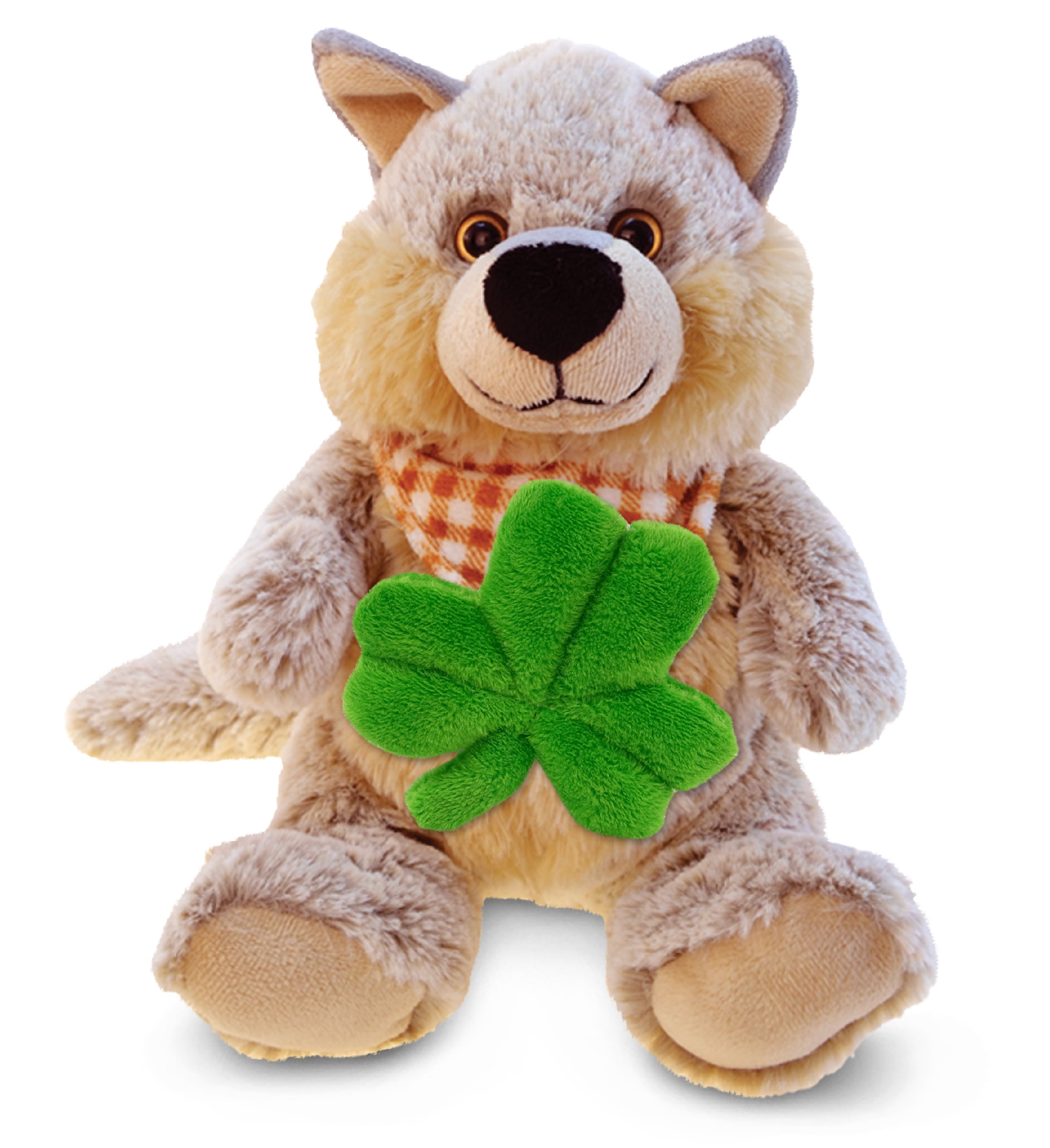 DolliBu Sitting Wolf Stuffed Animal with Green Plush Shamrock - Cute ...