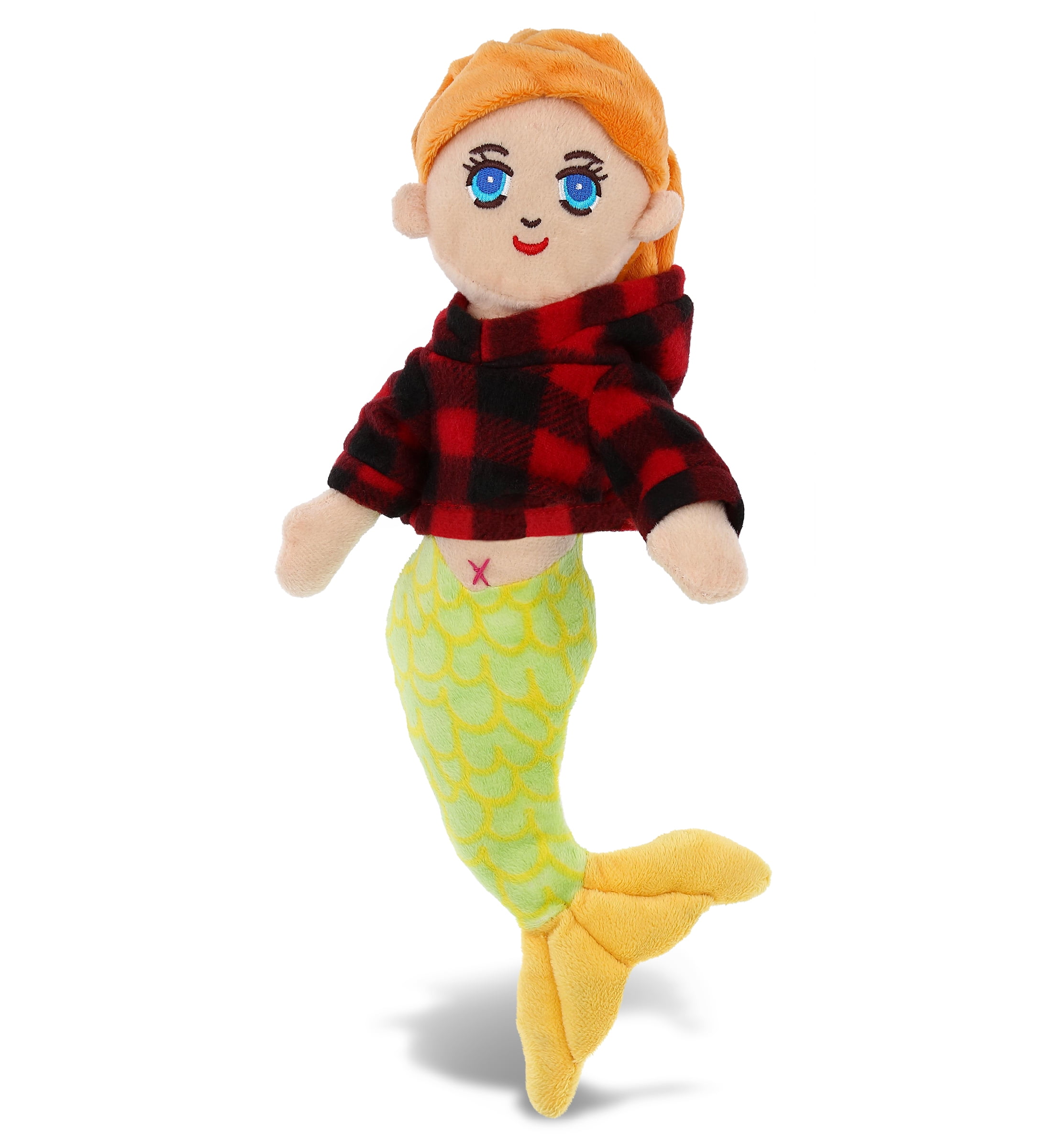DolliBu Super Soft Green Mermaid Stuffed Doll with Plaid Red Hoodie ...