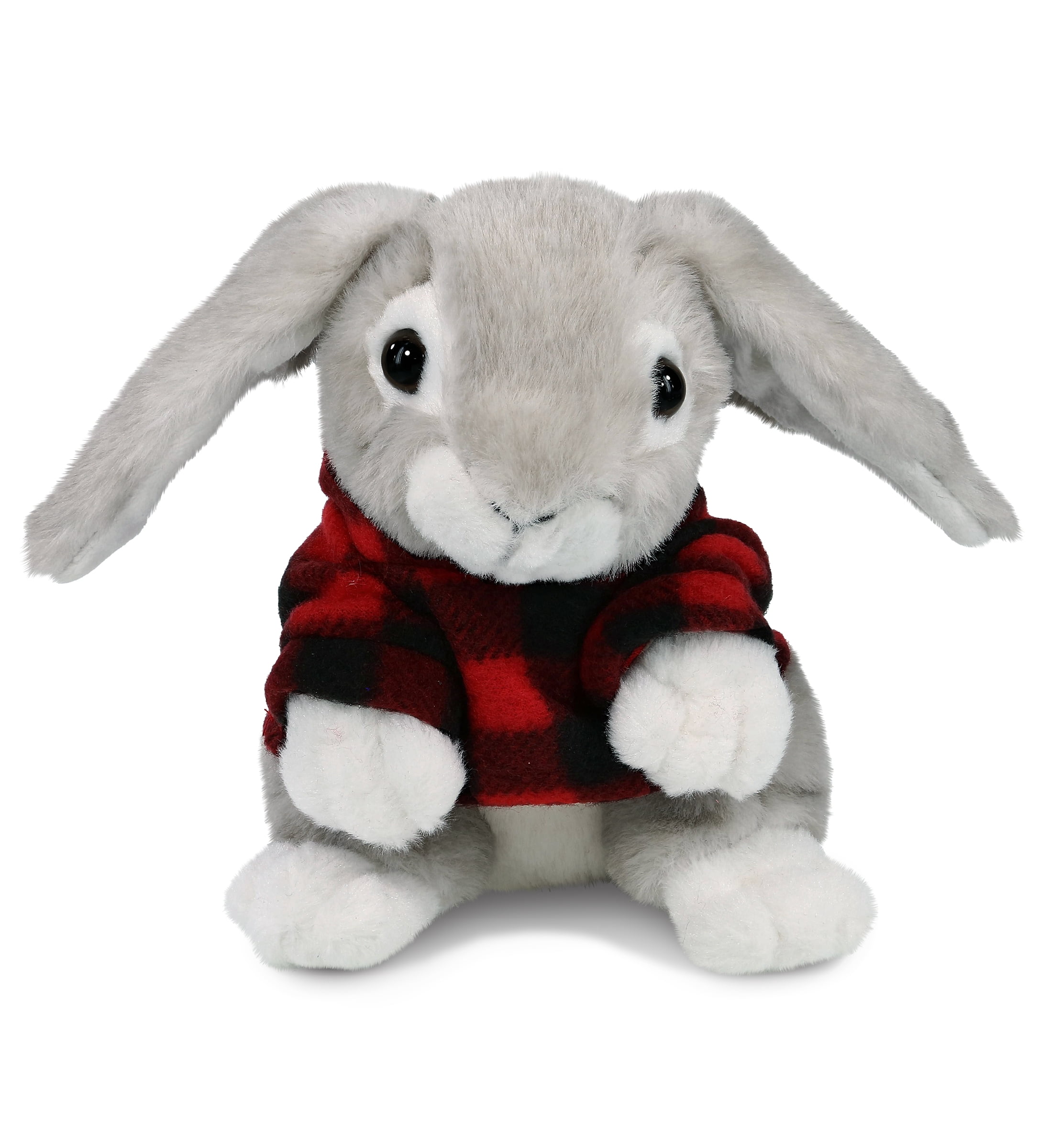 DolliBu Super Soft Grey Rabbit Stuffed Animal with Plaid Red Hoodie ...