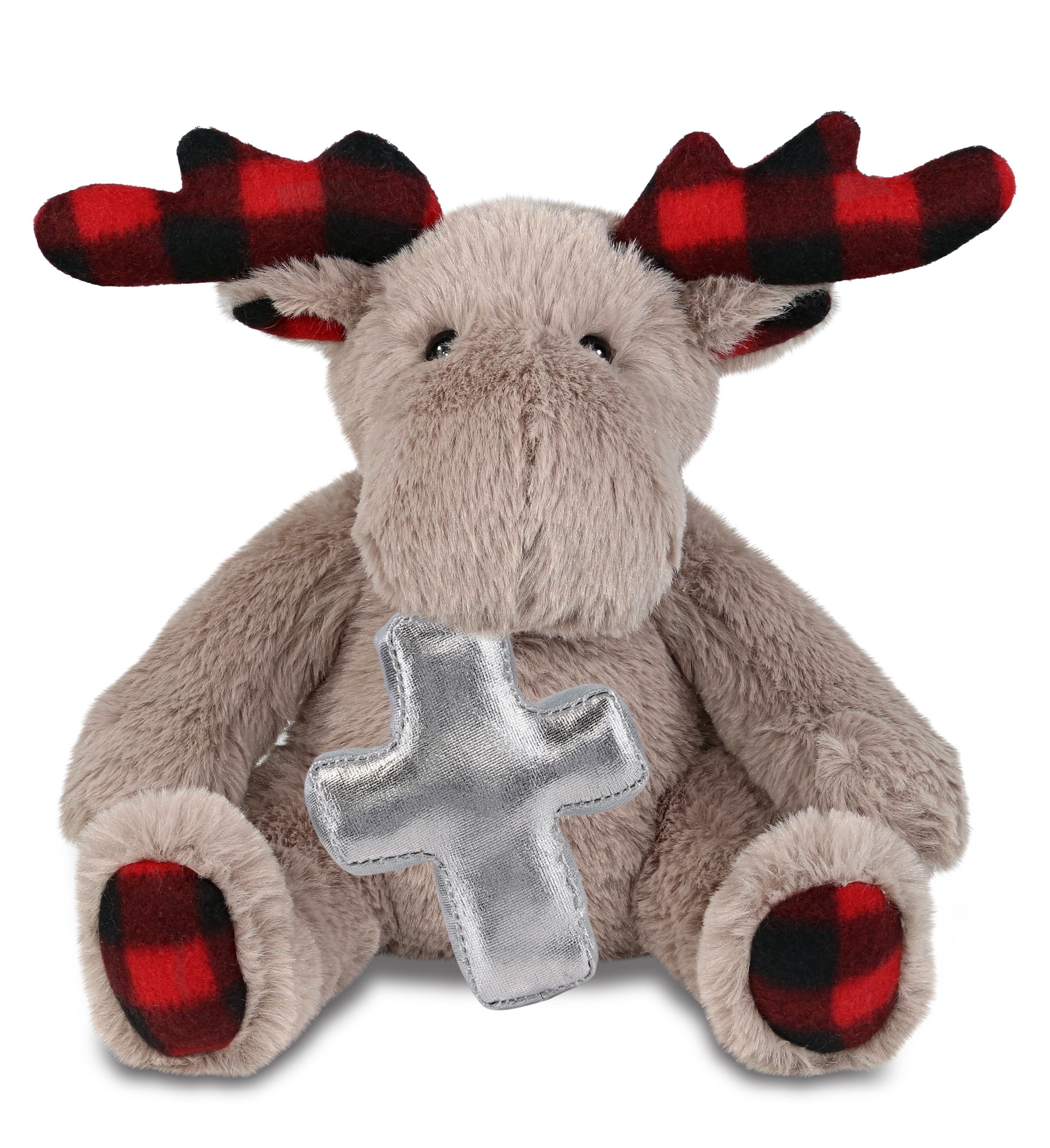 DolliBu Super Soft Plaid Beige Moose Stuffed Animal with Silver Cross ...