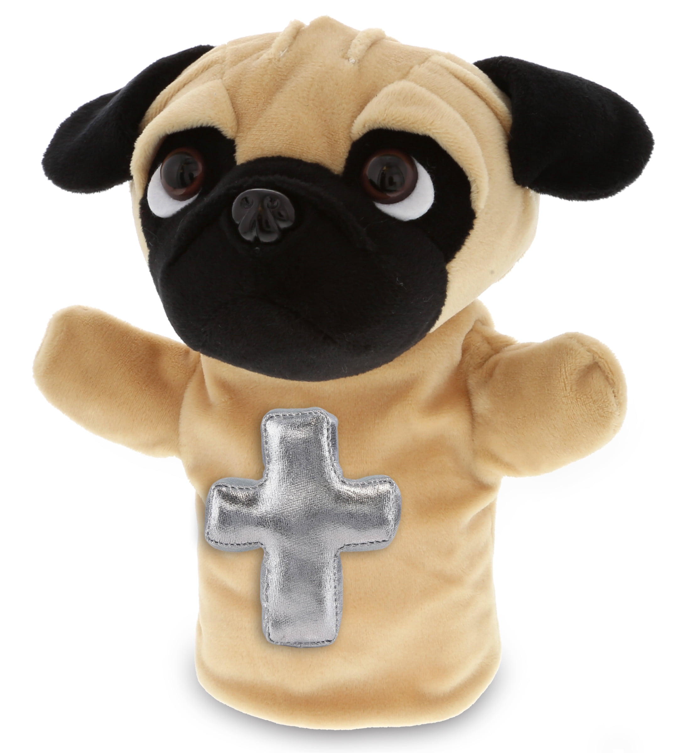 DolliBu Super Soft Pug Dog Hand Puppet Stuffed Animal with Silver Cross ...