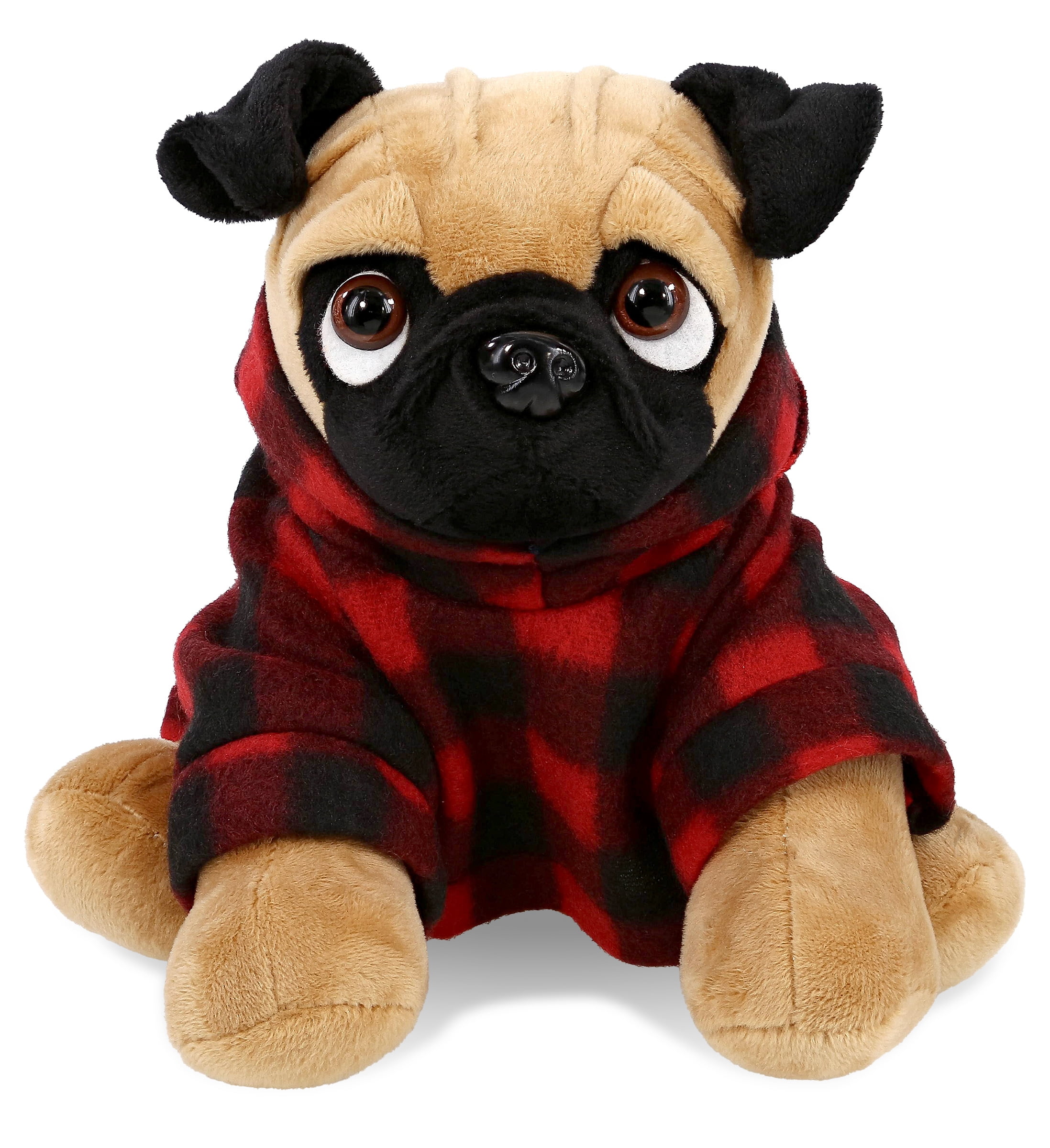 DolliBu Super Soft Pug Dog Stuffed Animal with Plaid Red Hoodie Sweater ...