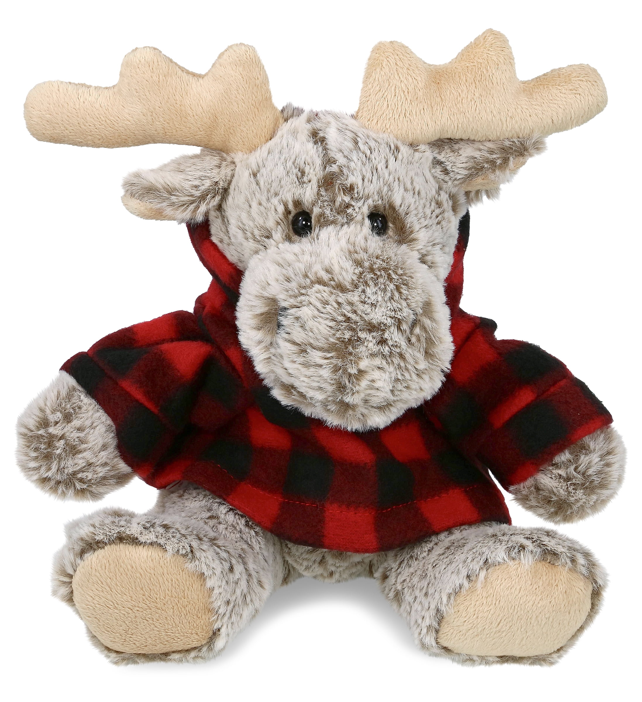 DolliBu Super Soft Sitting Moose Stuffed Animal with Plaid Red Hoodie ...