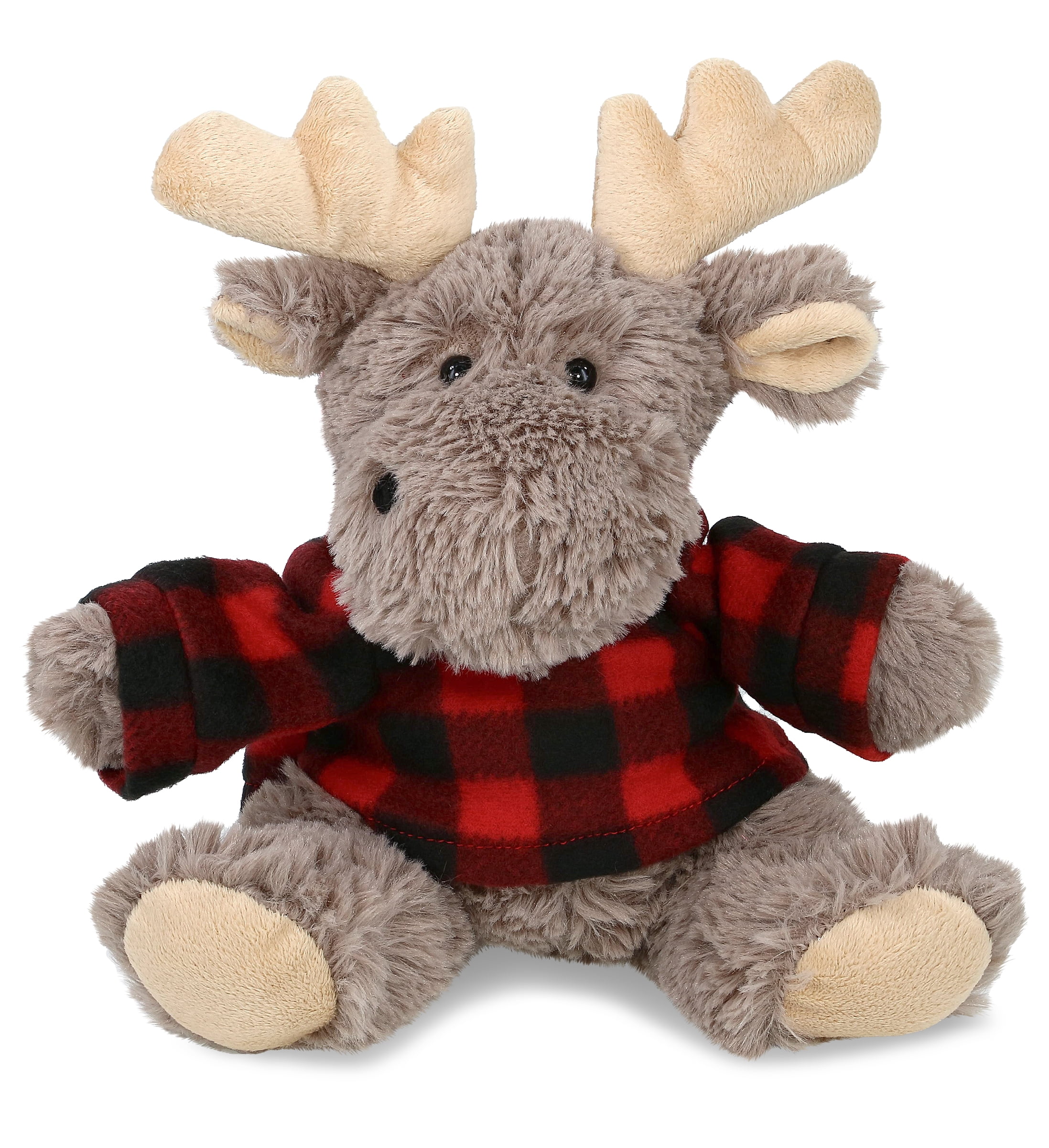 DolliBu Super Soft Sitting Moose Stuffed Animal with Plaid Red Hoodie ...