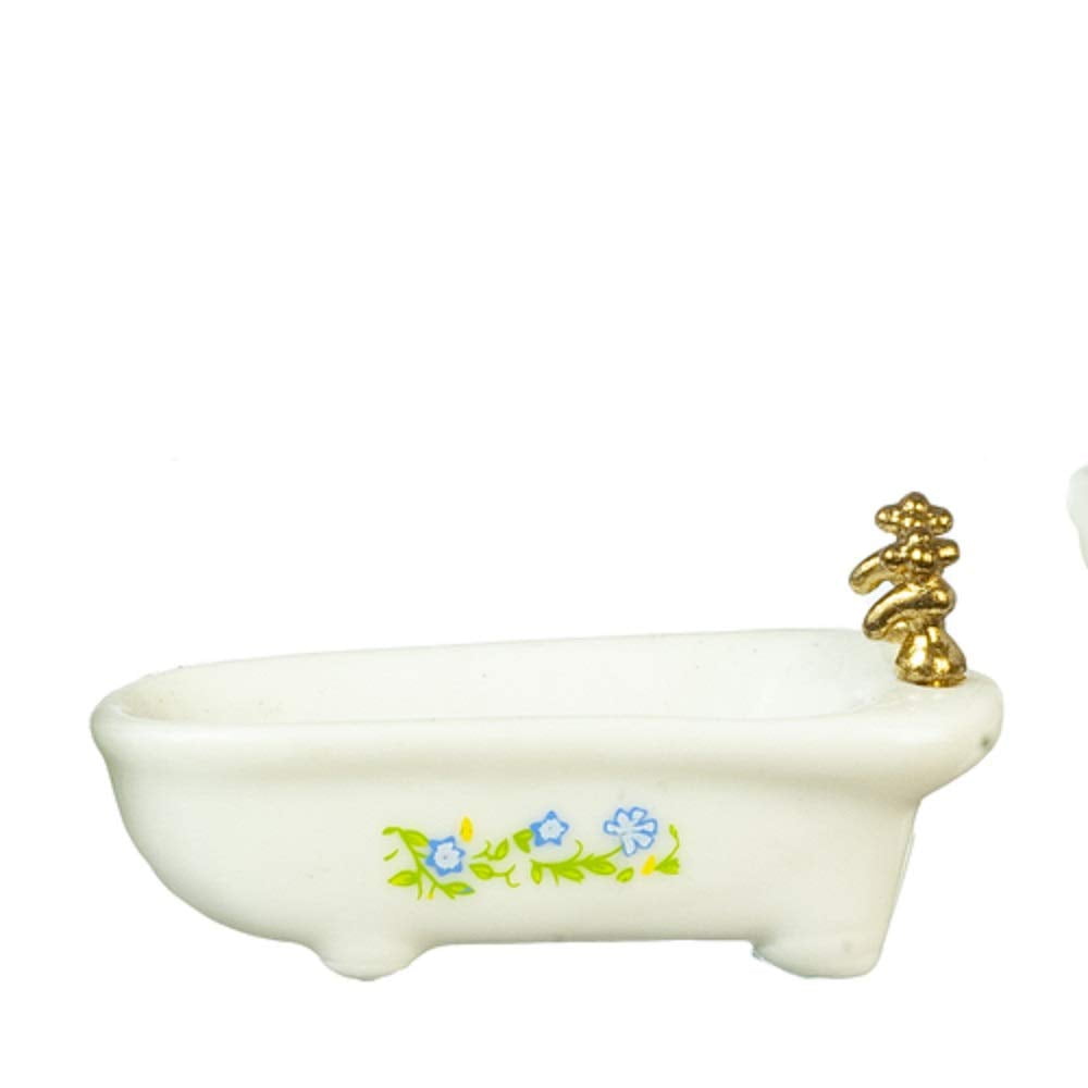 Dolls House White Bath Tub with Blue Flowers Miniature Furniture 1:24 ...