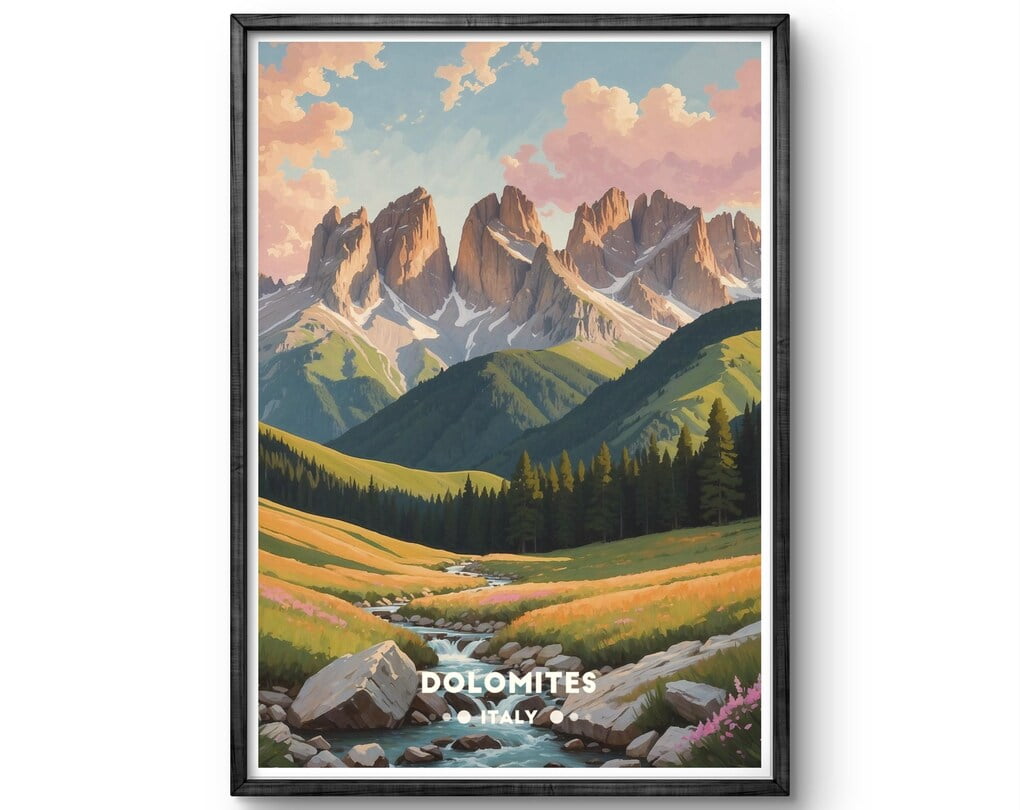 Dolomites Italy Vintage Postermountain Landscape With Alpine Stream ...