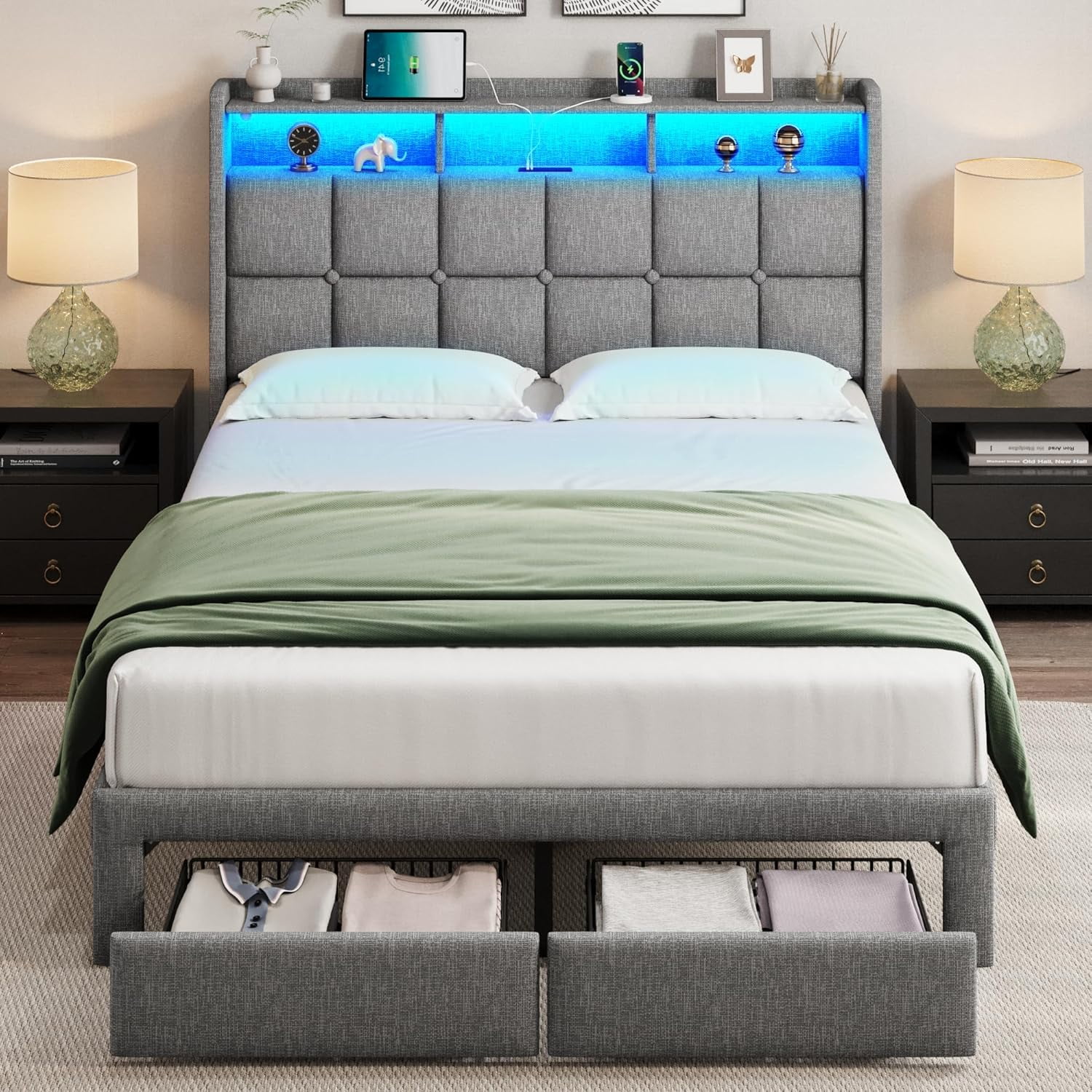 Dolonm LED Queen Size Bed Frame with 2 Storage Drawers, Upholstered ...