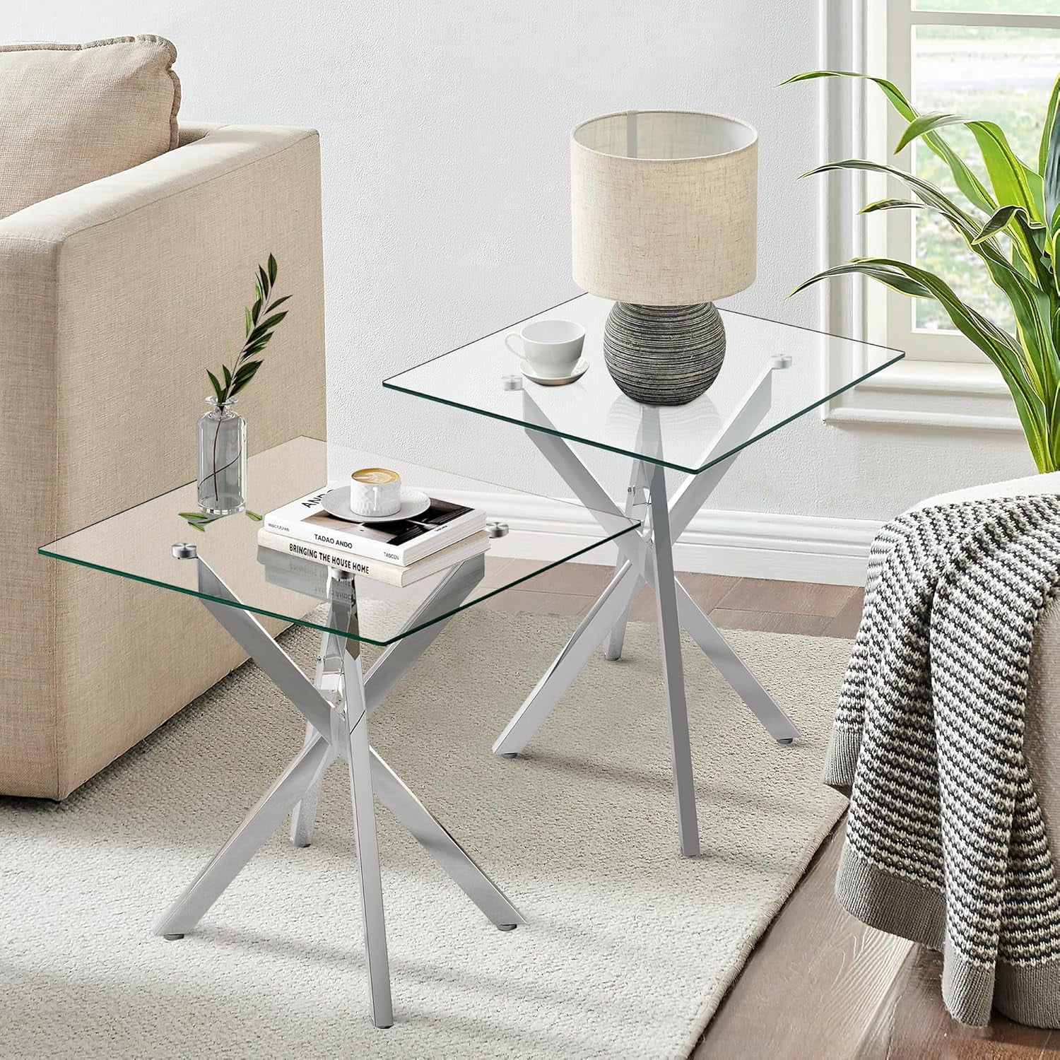 Dolonm Side Tables Set, End Tables with Tempered Glass, 17.72" Square ...