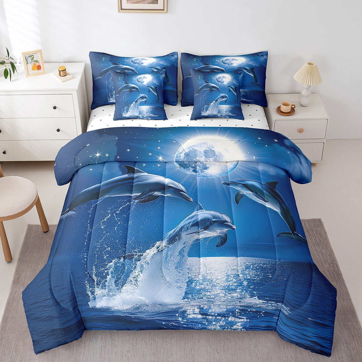 Dolphin 7 Piece Comforter Set Full Bed in a Bag,Galaxy Moon Bedding Set ...