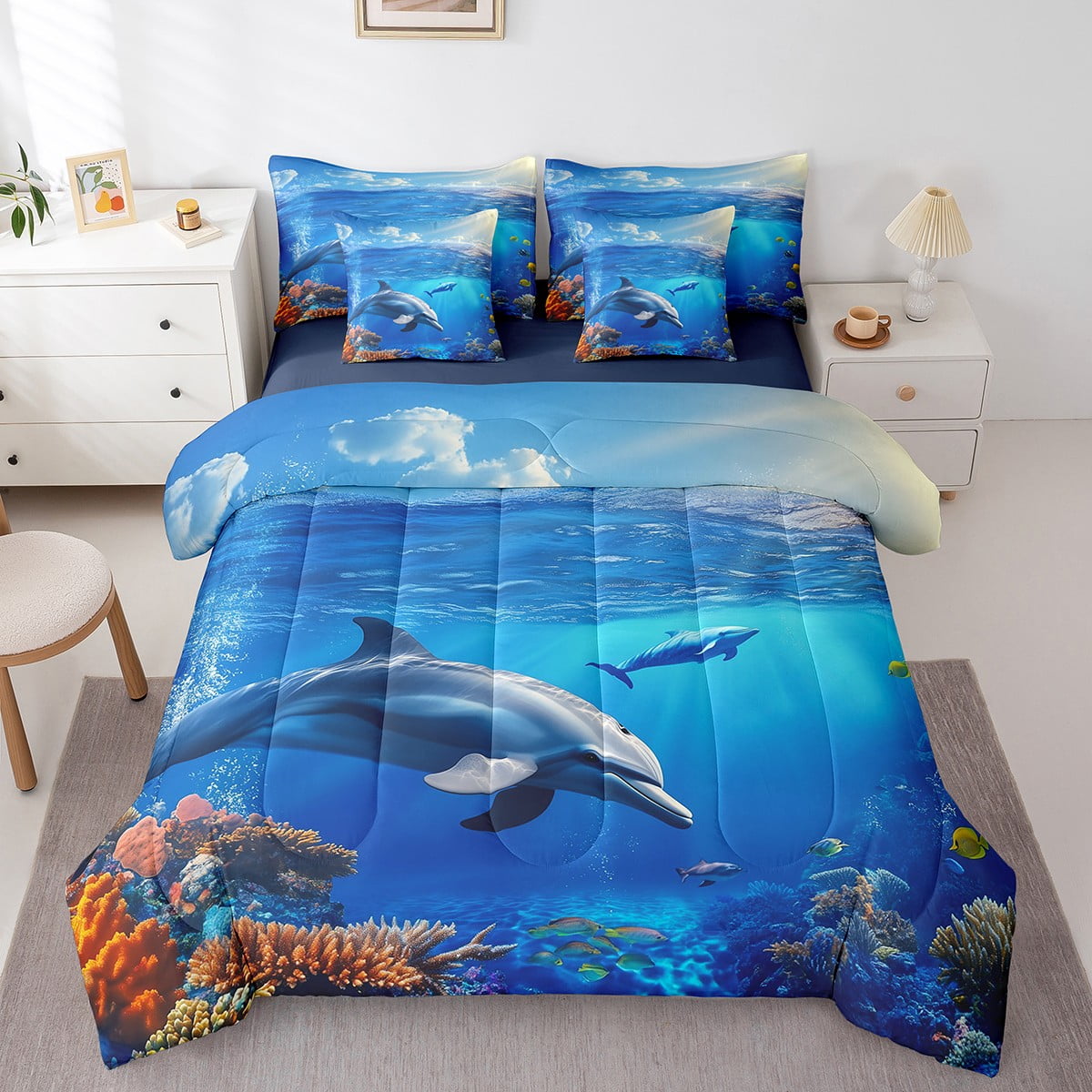 Dolphin 7 Piece Comforter Set Full Bed In A Bag,Blue Ocean Bedding Sets ...