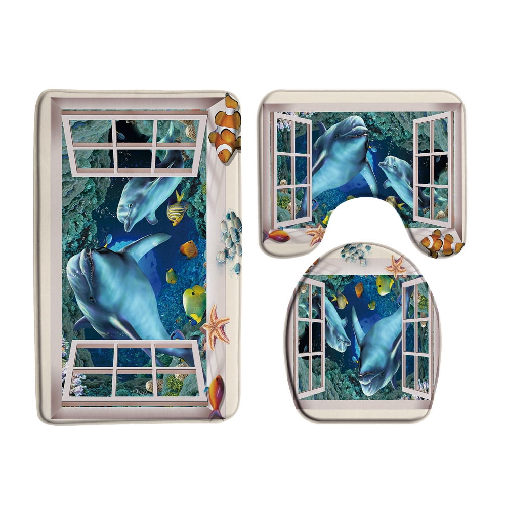 Dolphin Bath Mat Ocean Animal Sea Sunlight Underwater Bathroom Rug Set ...