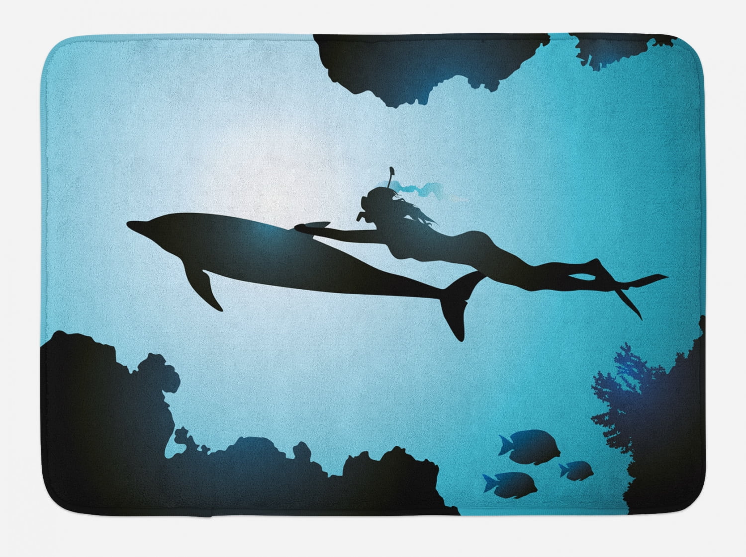 Dolphin Bath Mat, Scuba Diver Girl Swimming with Dolphin Silhouette in ...