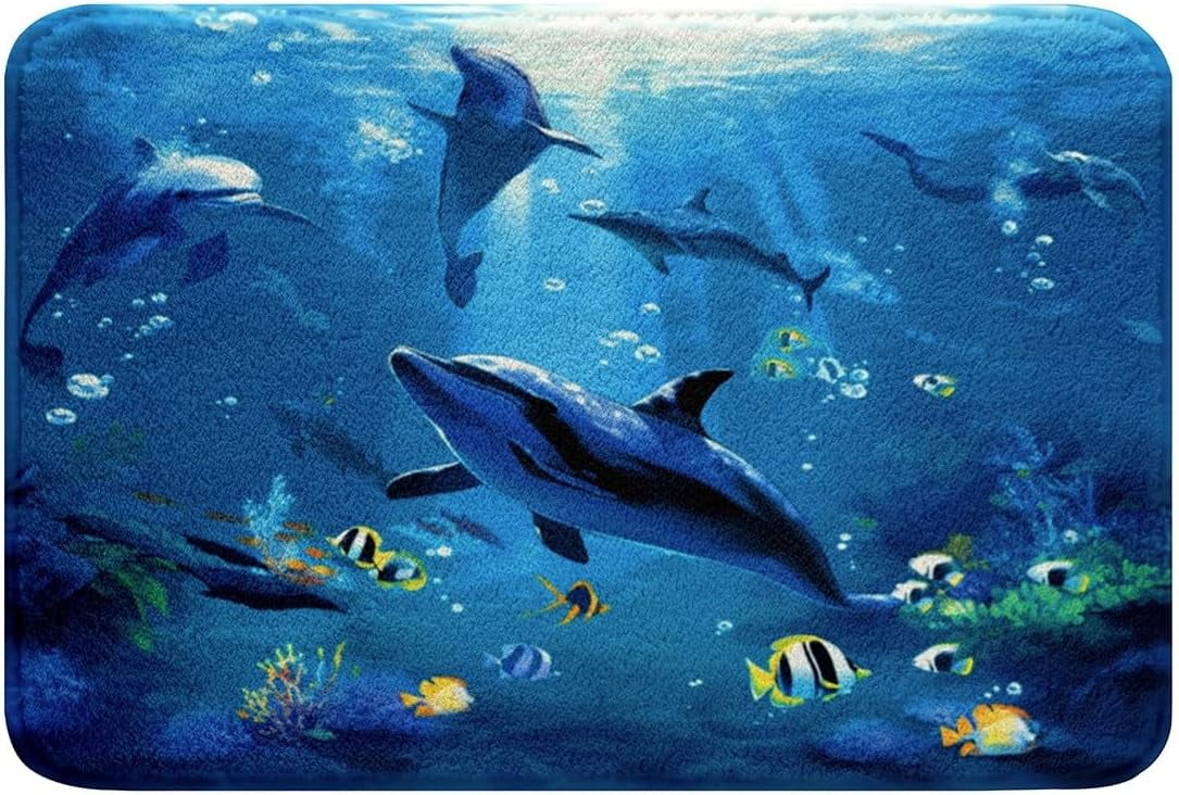 Dolphin Bath Mats for Bathroom Kids Blue Ocean Marine Themed Sea ...
