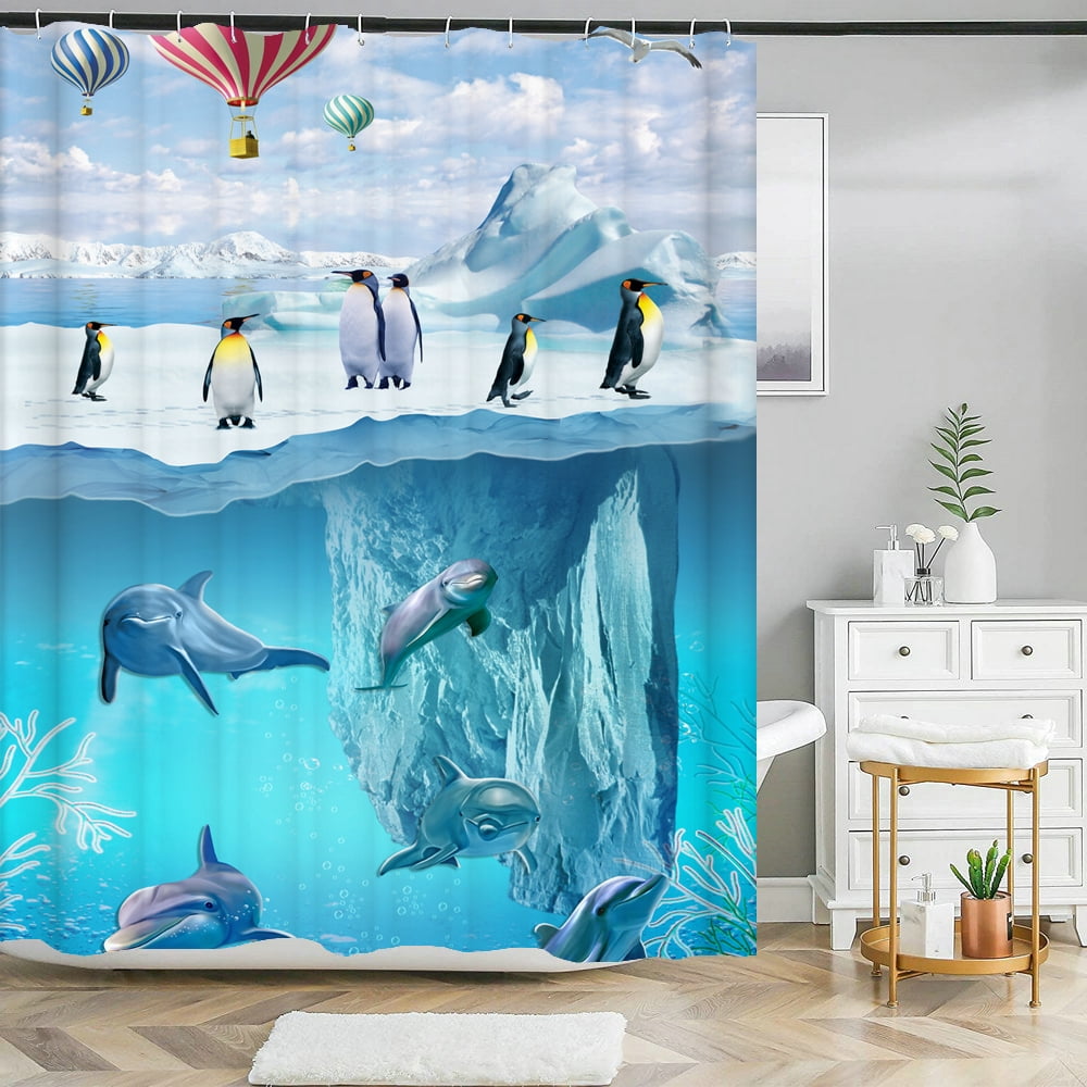 Dolphin Bathroom Waterproof Shower Curtain Set with 12 Polyester ...